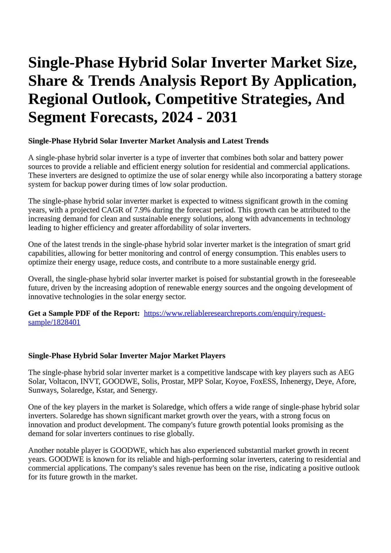 Reportprime - Single-Phase Hybrid Solar Inverter Market Size, Share & Trends Analysis Report By ...