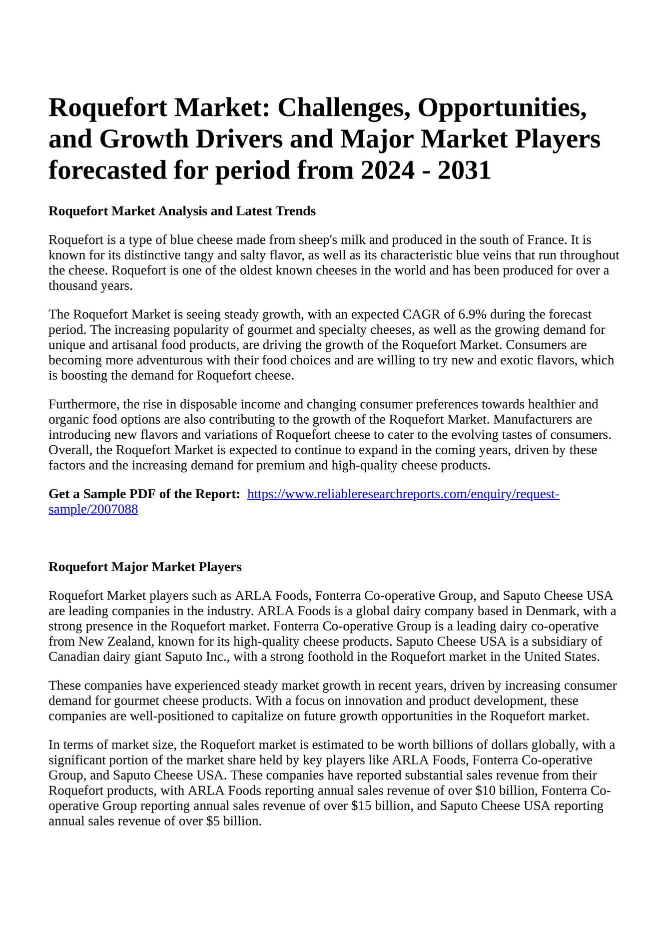 Reportprime - Roquefort Market: Challenges, Opportunities, and Growth Drivers and Major Market ...