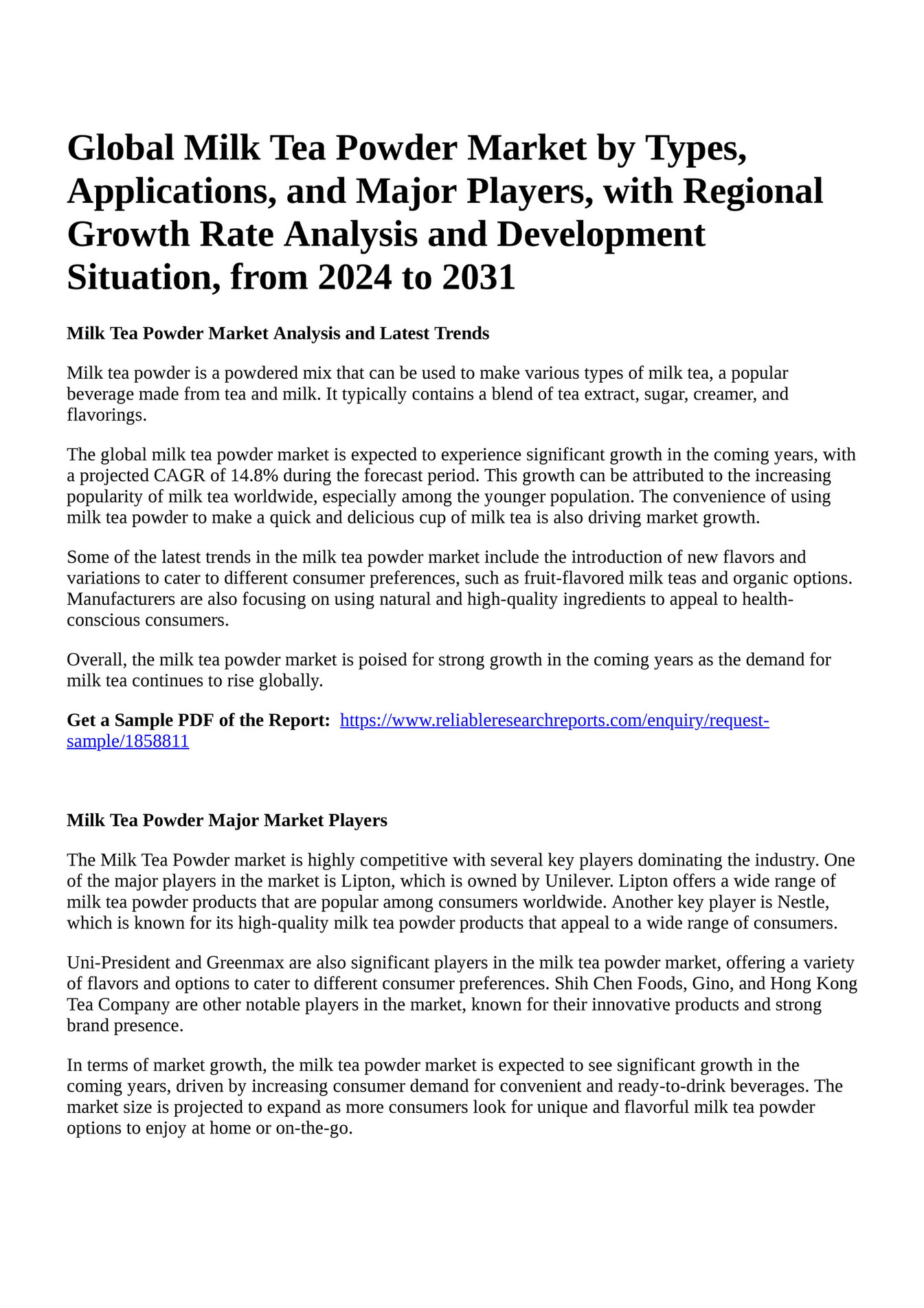Reportprime Global Milk Tea Powder Market By Types Applications And Reportprime Global Milk Tea Powder Market By Types Applications And
