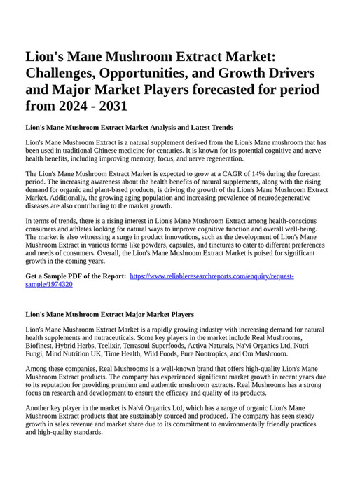 Reportprime - Lion's Mane Mushroom Extract Market: Challenges ... Reportprime - Lion's Mane Mushroom Extract Market: Challenges ...