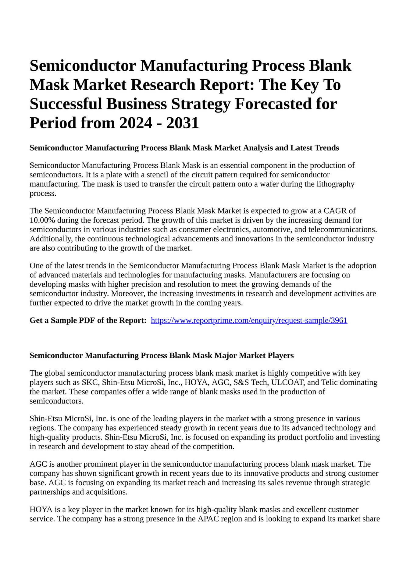 Reportprime - Semiconductor Manufacturing Process Blank Mask Market ...