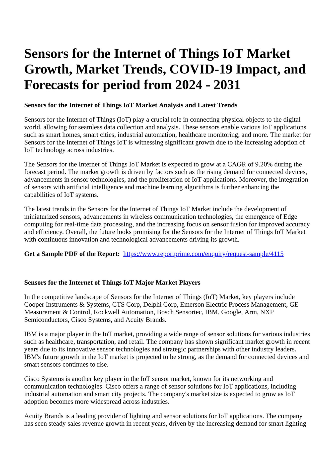 Reportprime - Sensors for the Internet of Things IoT Market Growth, Market Trends, COVID-19 ...