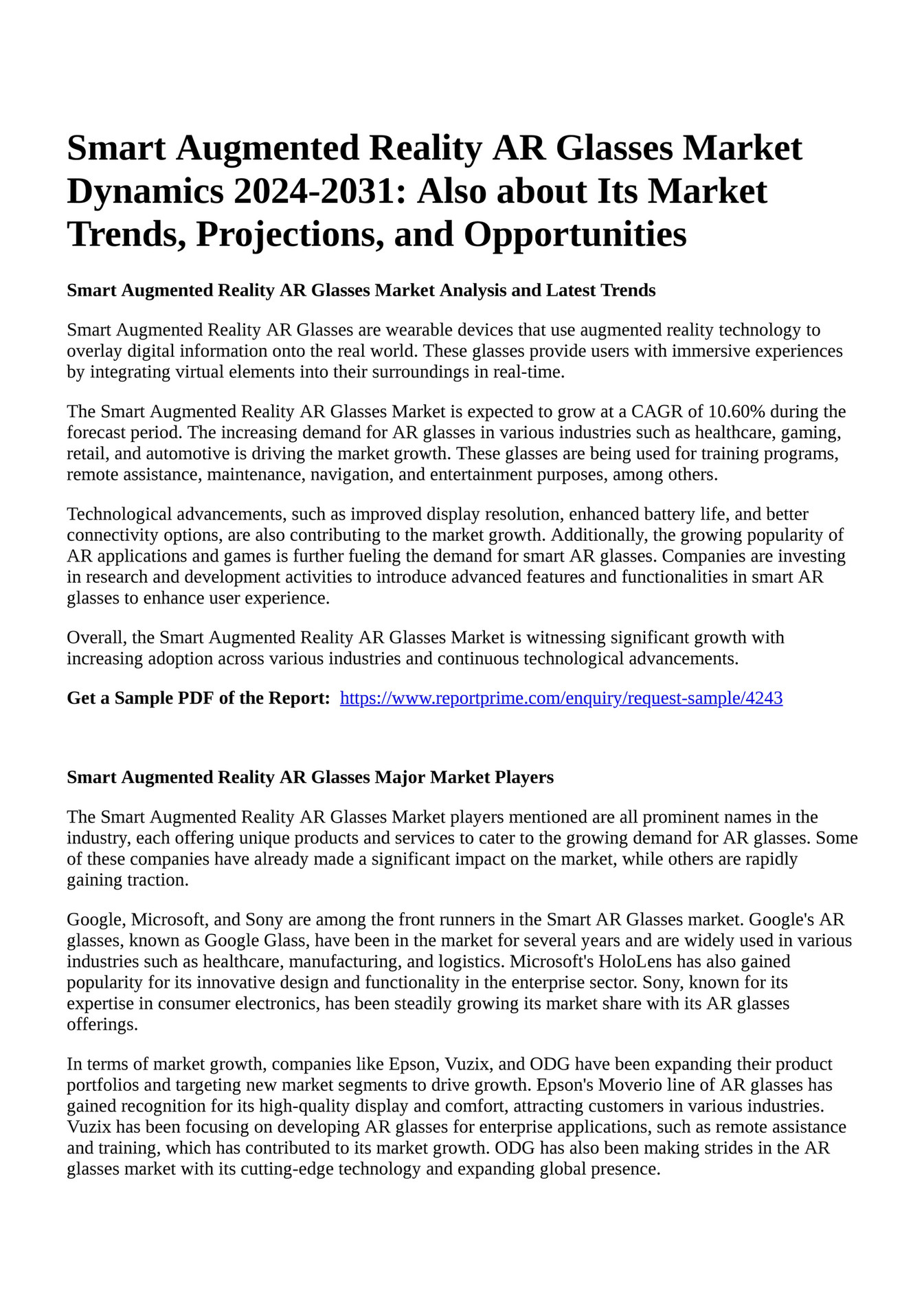 Reportprime - Smart Augmented Reality AR Glasses Market Dynamics 2024 ...