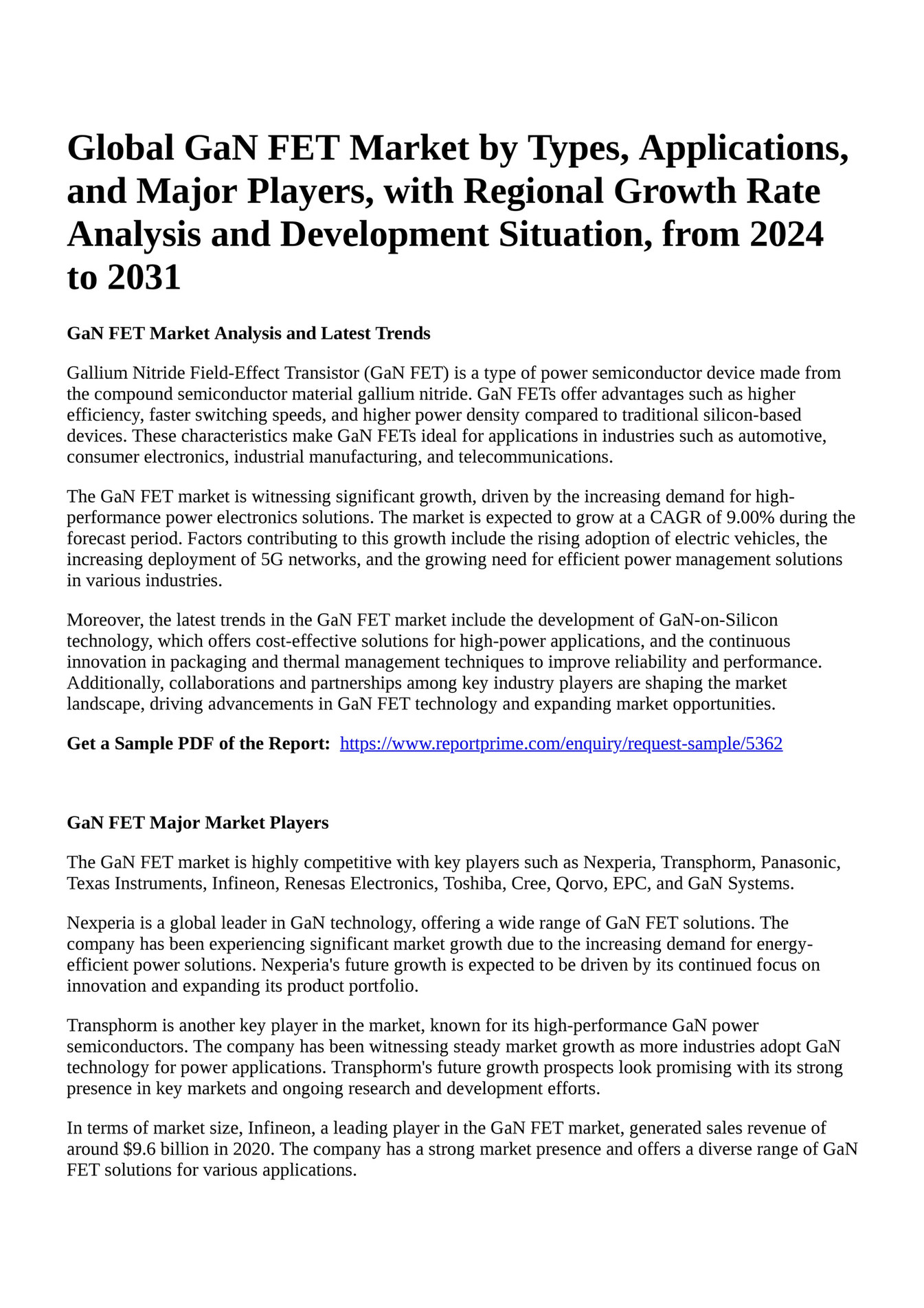 Reportprime - Global GaN FET Market by Types, Applications, and Major ...