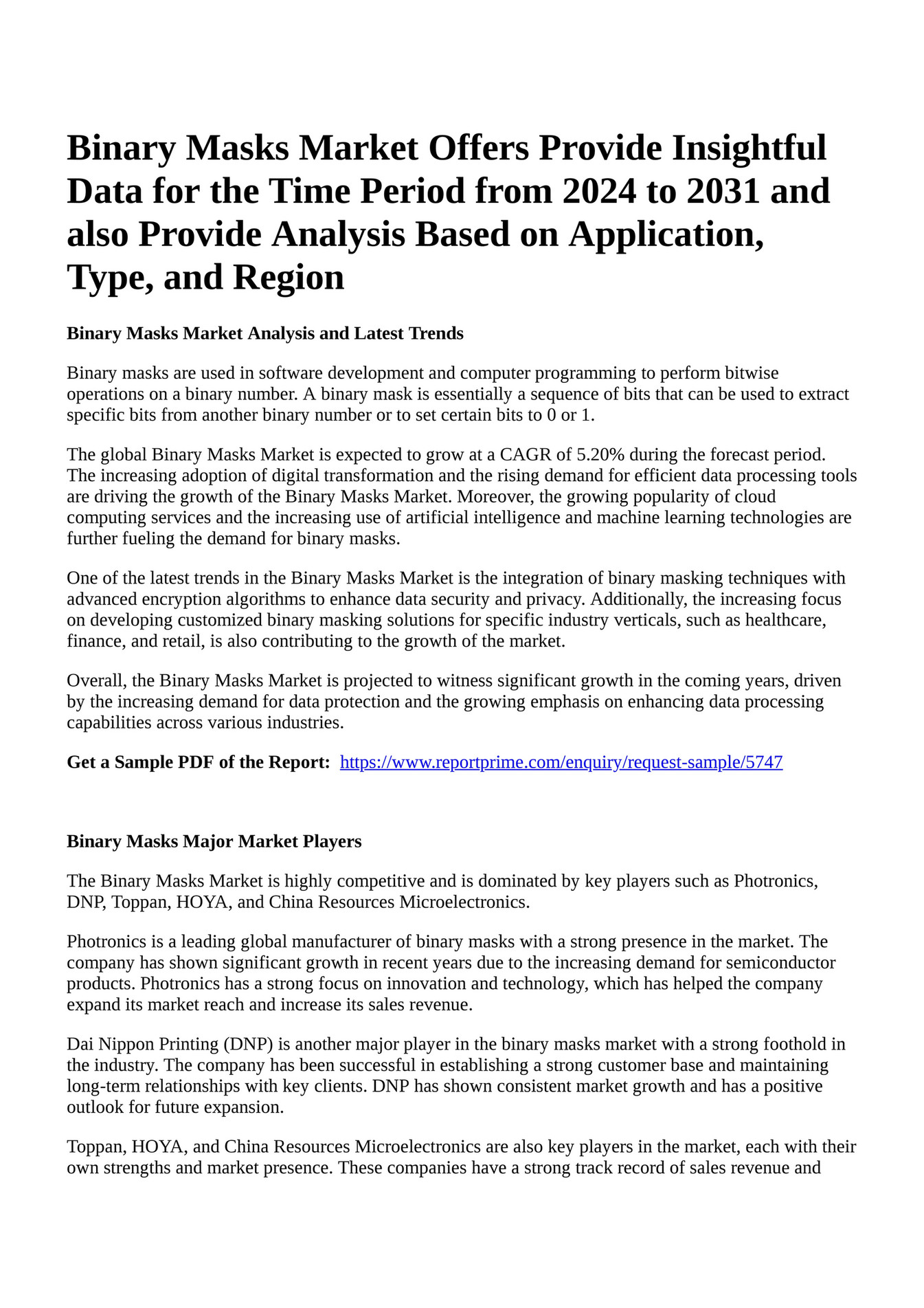 Reportprime - Binary Masks Market Offers Provide Insightful Data for ...