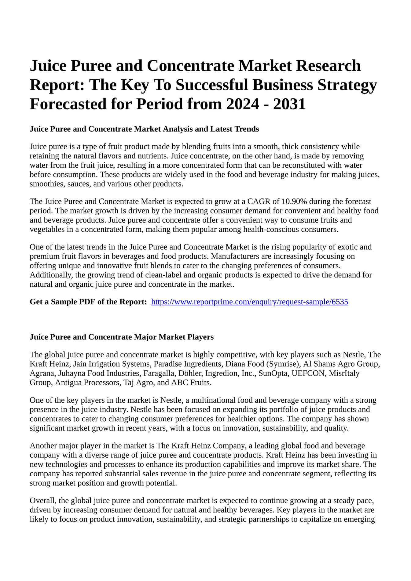Reportprime Juice Puree And Concentrate Market Research Report The