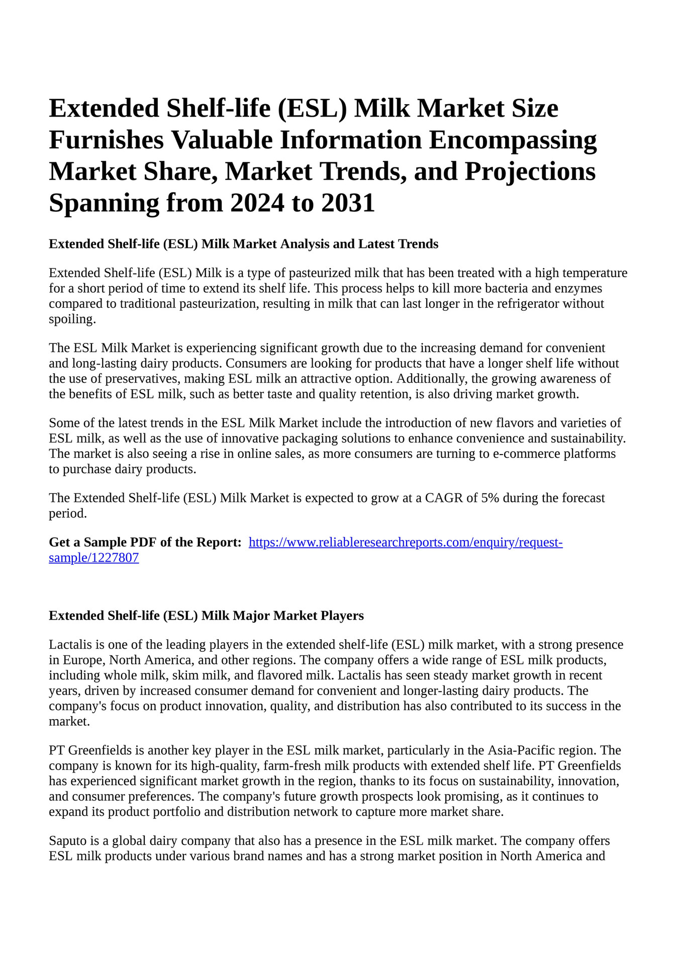 Reportprime - Extended Shelf-life (ESL) Milk Market Size Furnishes ...