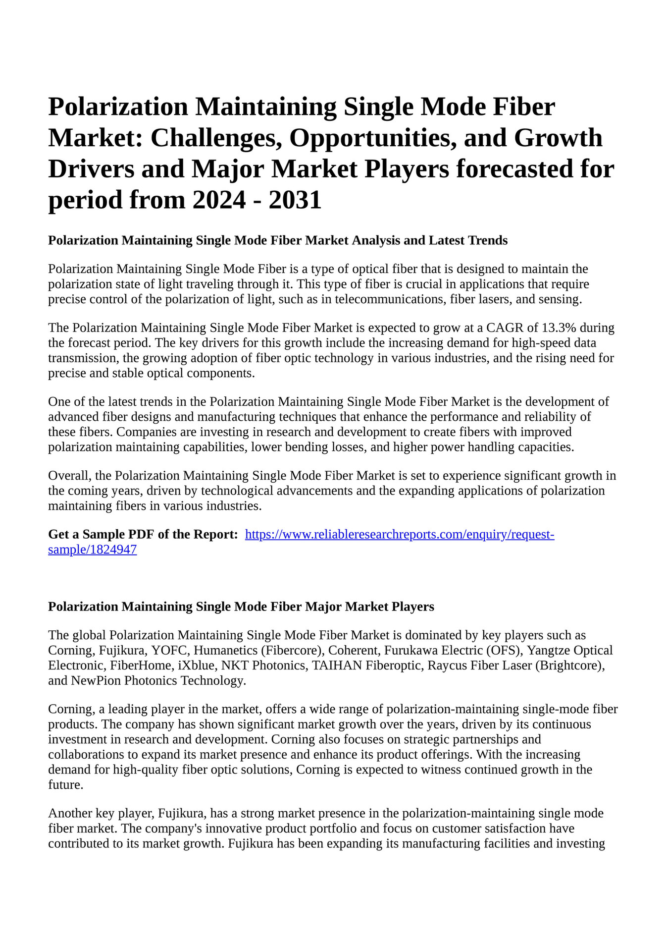 Reportprime Polarization Maintaining Single Mode Fiber Market