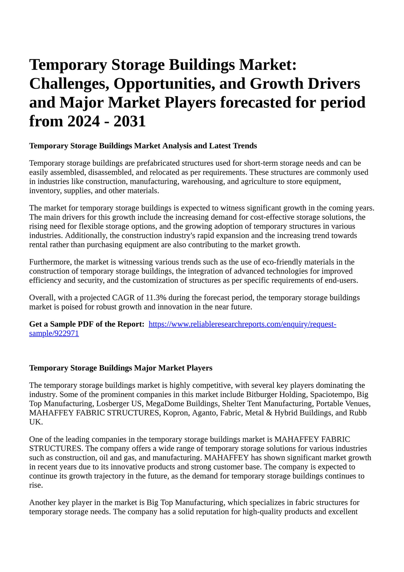 Reportprime - Temporary Storage Buildings Market: Challenges ...