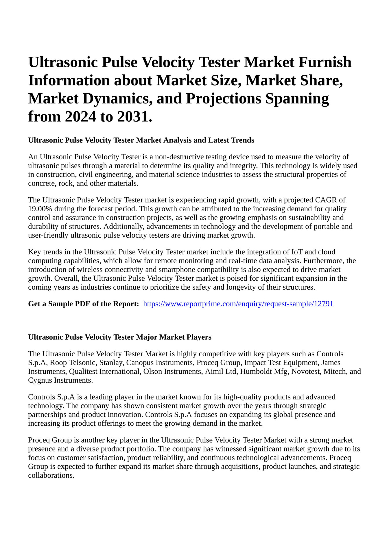 Reportprime - Ultrasonic Pulse Velocity Tester Market Furnish ...