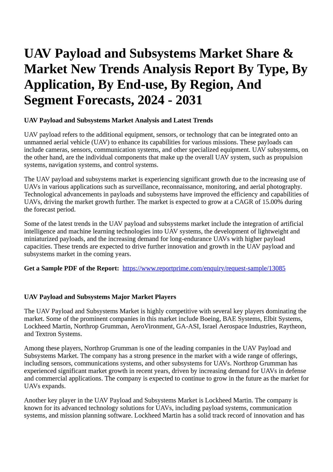 Reportprime - UAV Payload and Subsystems Market Share & Market New ... Reportprime - UAV Payload and Subsystems Market Share & Market New ...