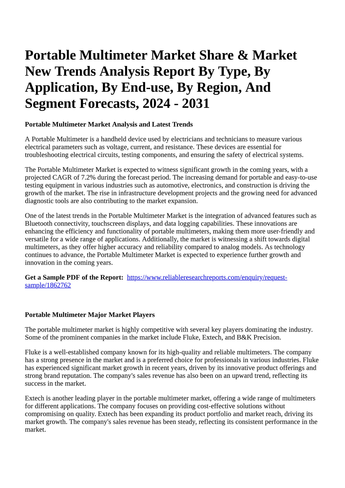 Reportprime Portable Multimeter Market Share And Market New Trends Analysis Report By Type By