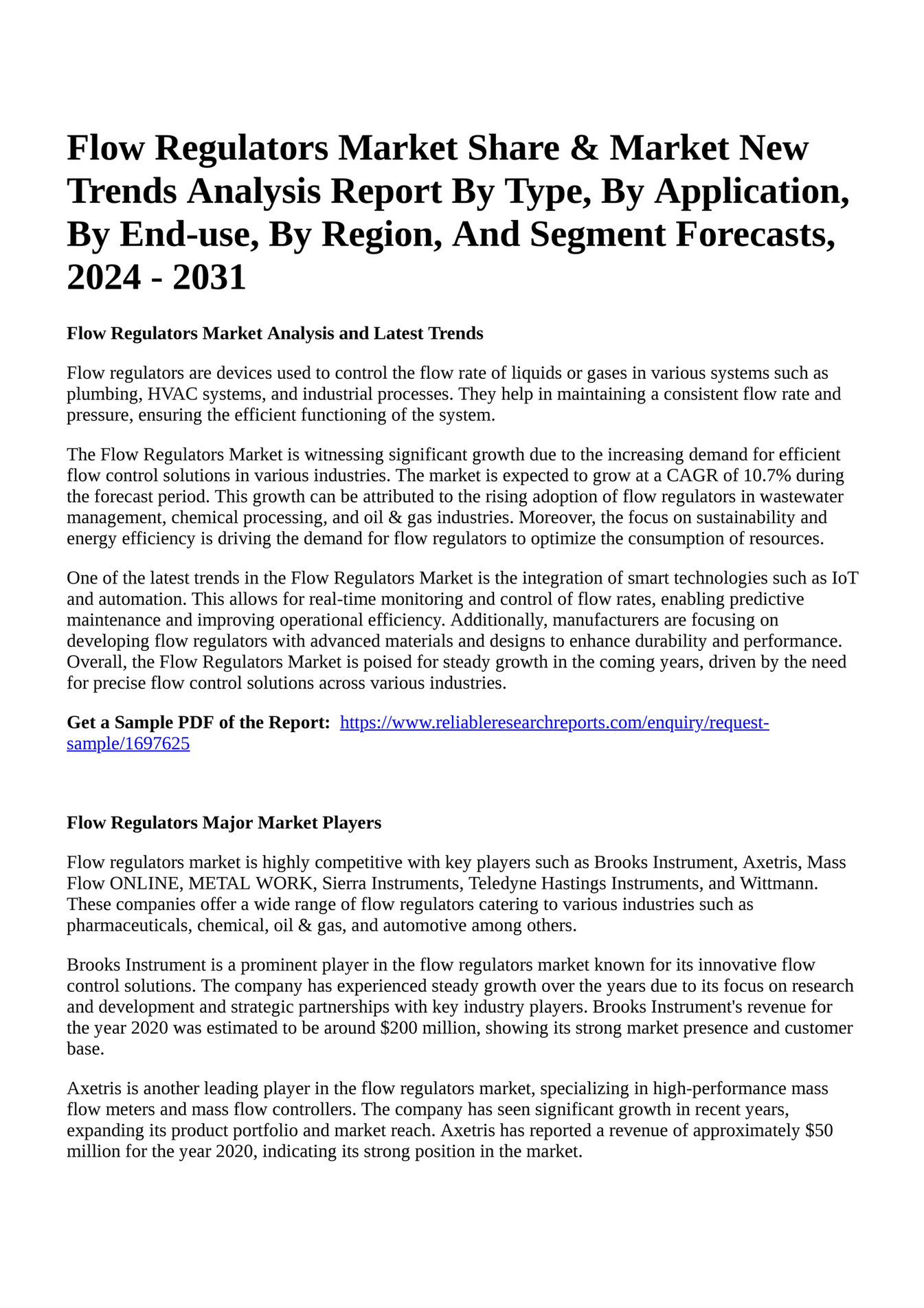 Reportprime - Flow Regulators Market Share & Market New Trends Analysis ...