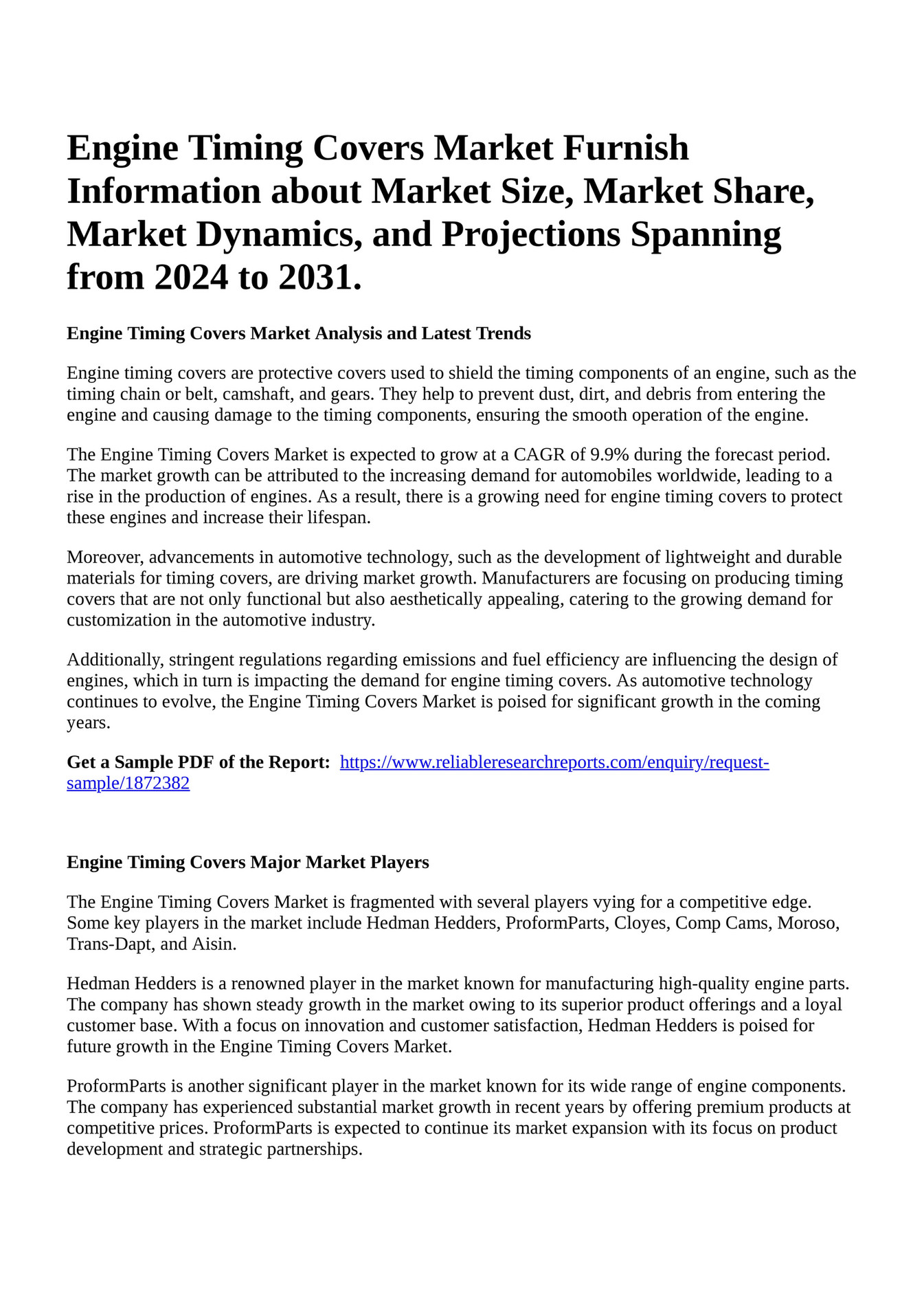 Reportprime - Engine Timing Covers Market Furnish Information about ...