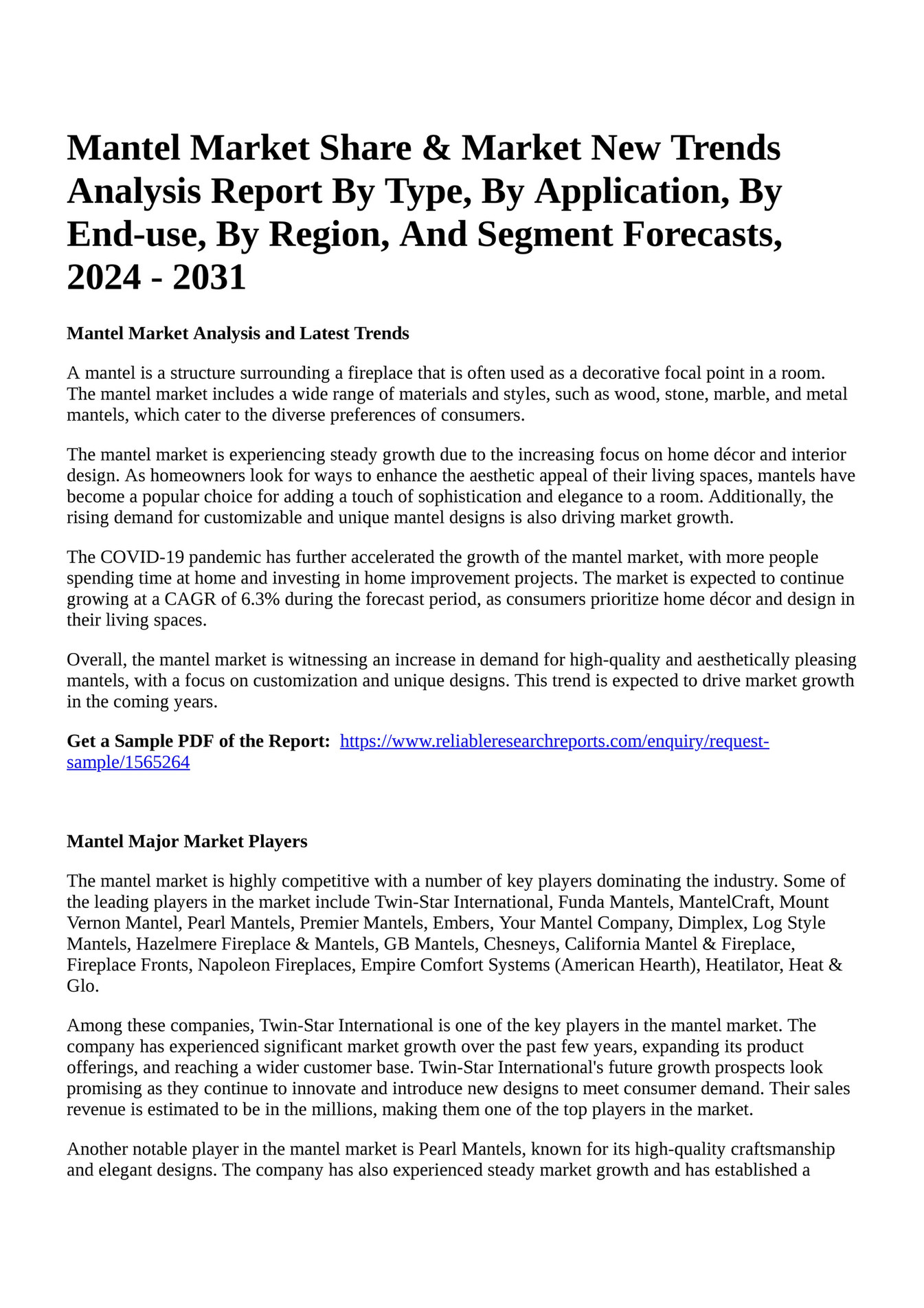 Reportprime - Mantel Market Share & Market New Trends Analysis Report By Type, By Application ...