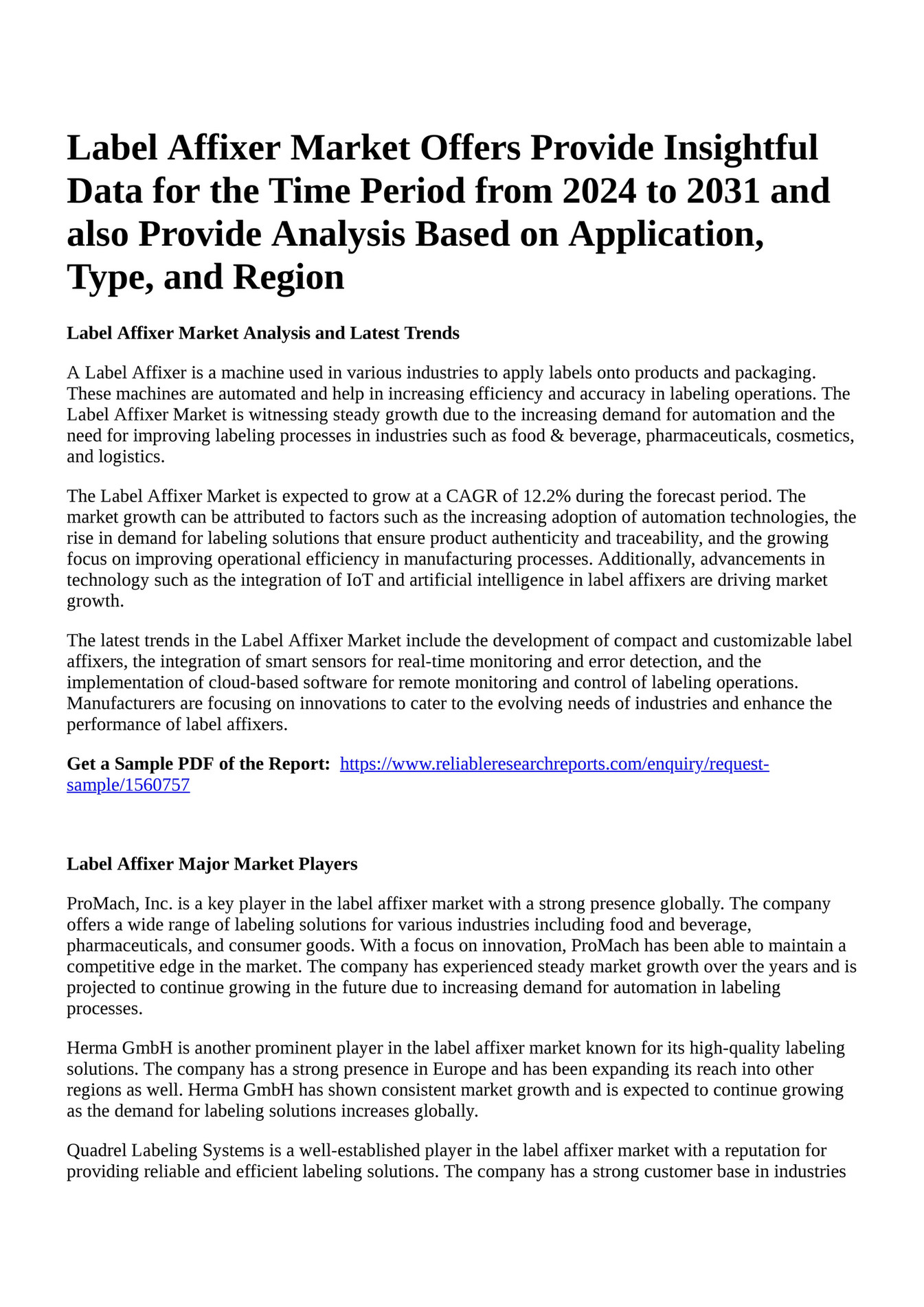 Reportprime - Label Affixer Market Offers Provide Insightful Data for the Time Period from 2024 ...