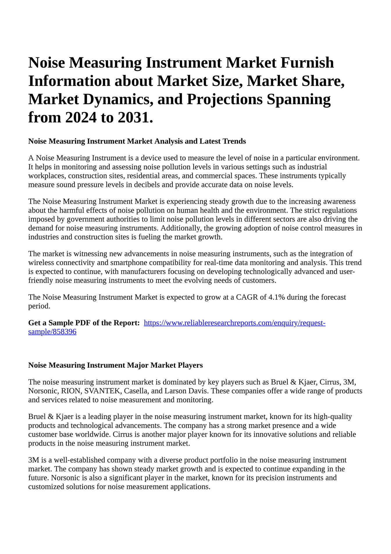Reportprime - Noise Measuring Instrument Market Furnish Information ...