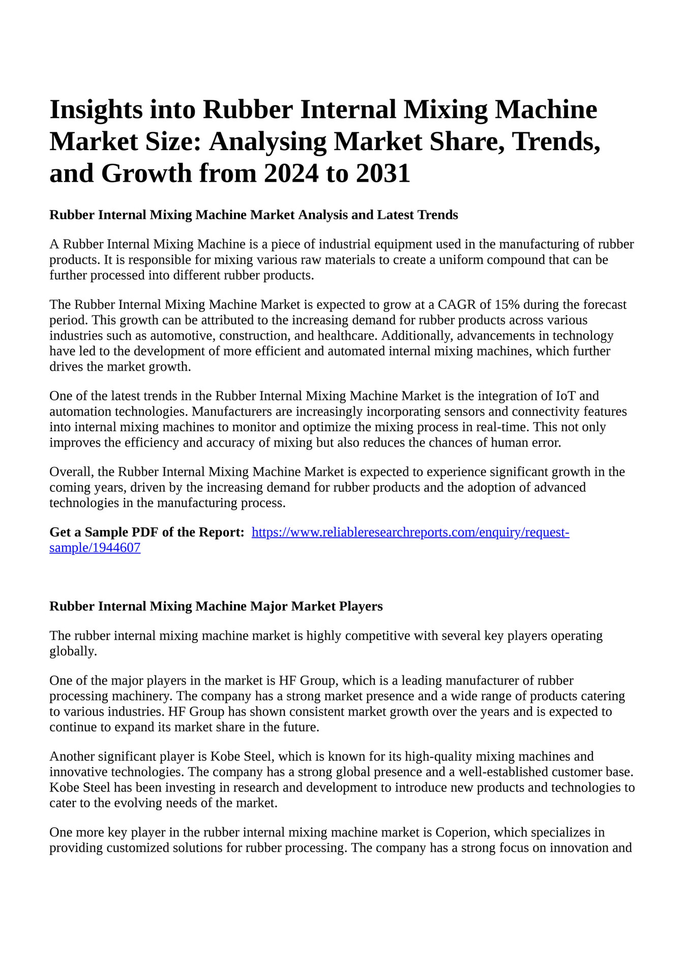 Reportprime Insights Into Rubber Internal Mixing Machine Market Size