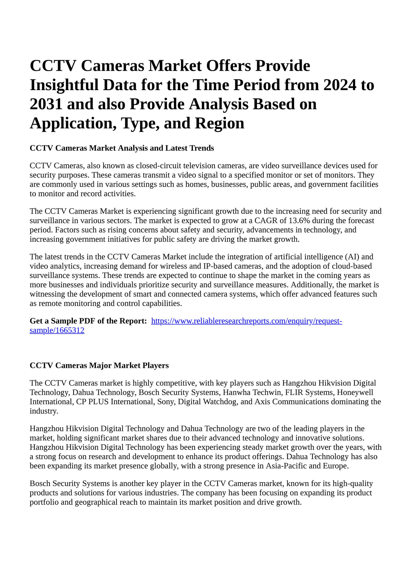 Reportprime - CCTV Cameras Market Offers Provide Insightful Data for the Time Period from 2024 ...