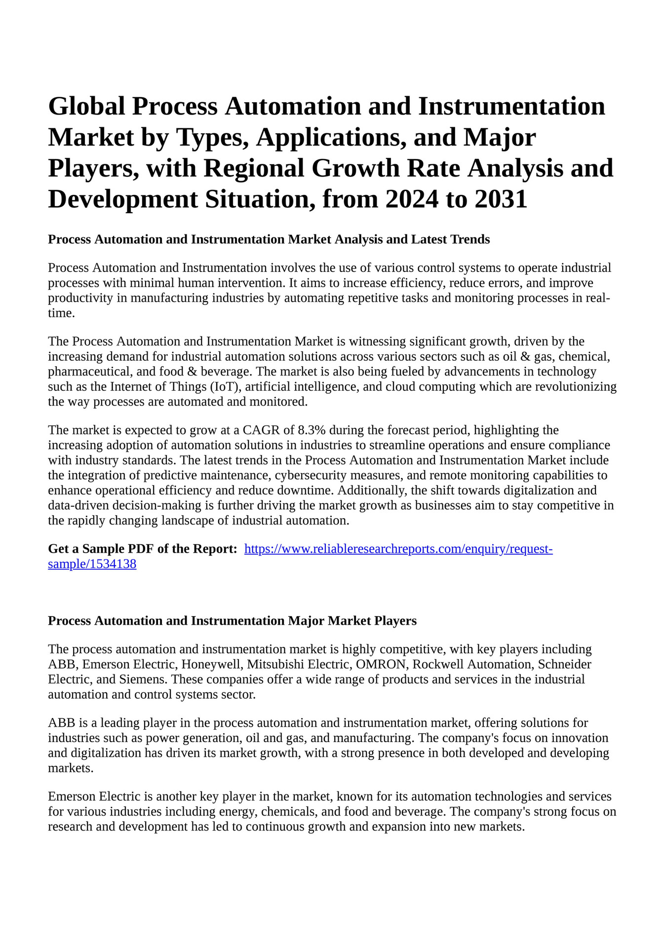 Reportprime - Global Process Automation and Instrumentation Market by ... Reportprime - Global Process Automation and Instrumentation Market by ...