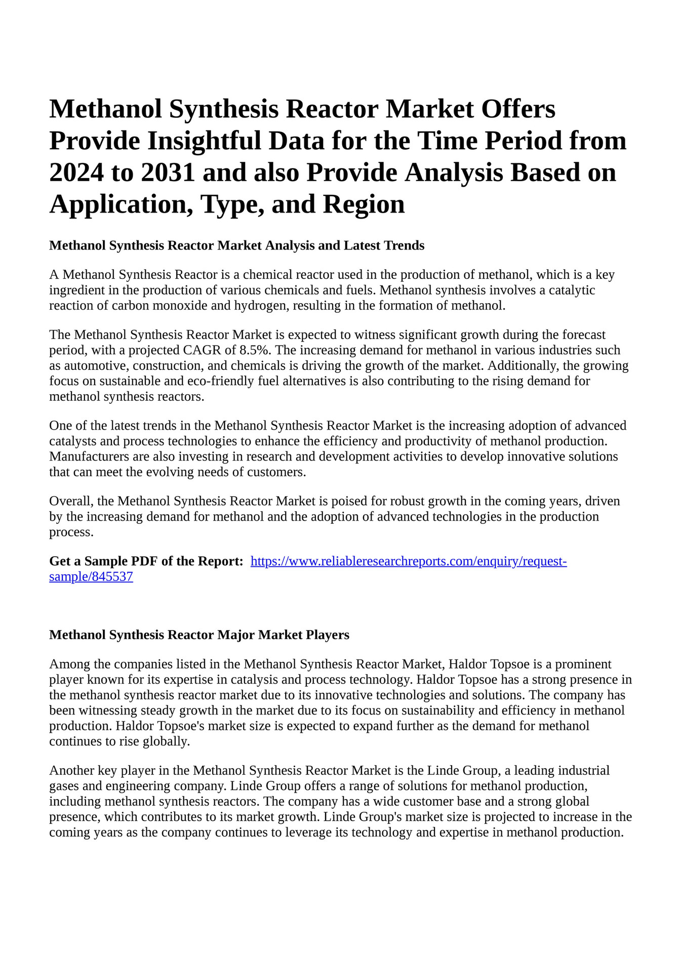 Reportprime - Methanol Synthesis Reactor Market Offers Provide ...