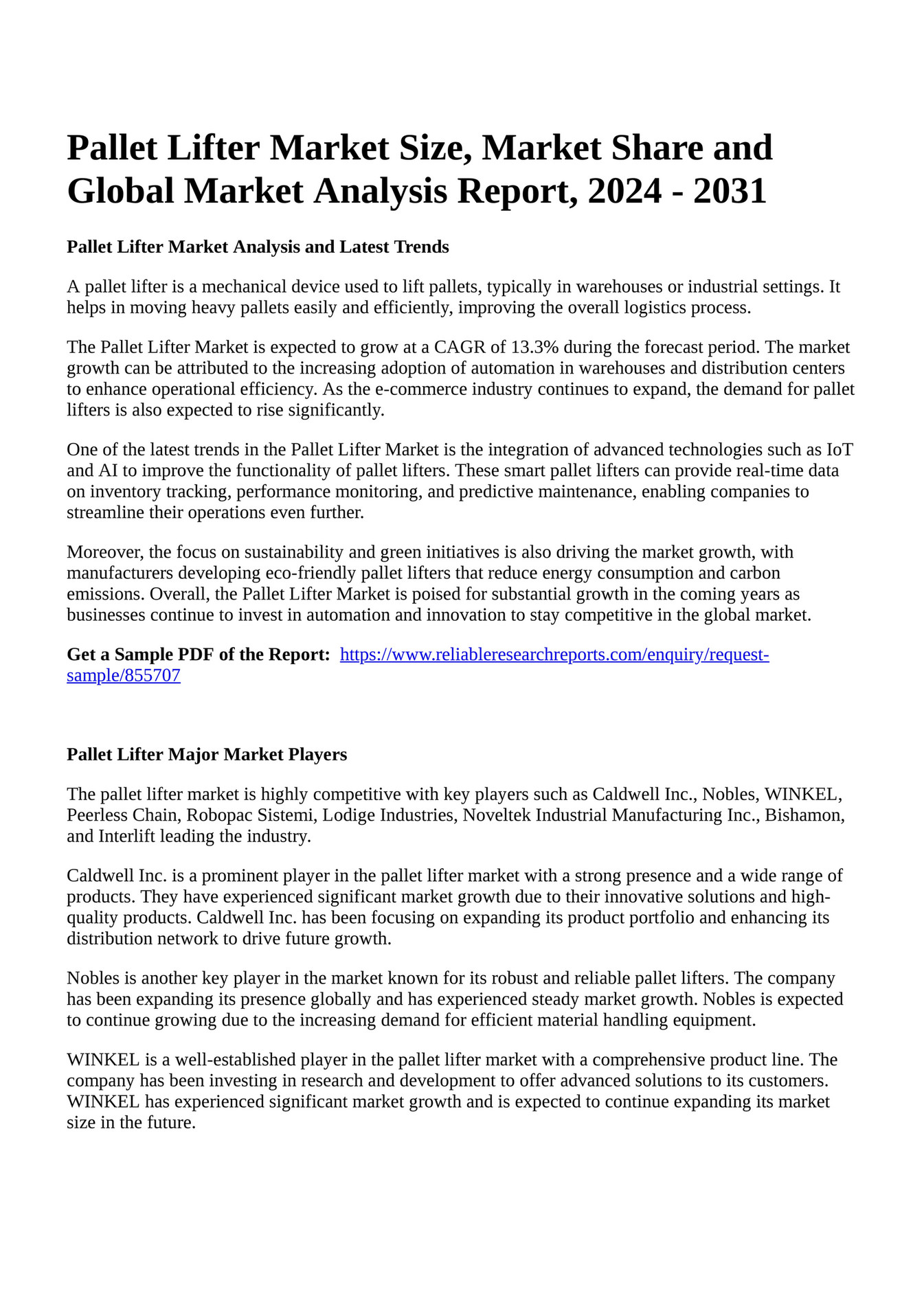 Reportprime - Pallet Lifter Market Size, Market Share and Global Market Analysis Report, 2024 ...