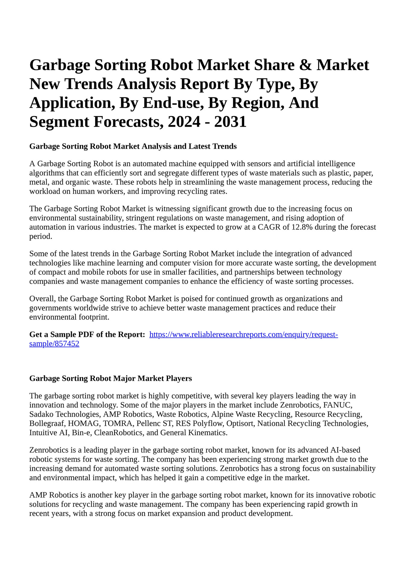 Reportprime - Garbage Sorting Robot Market Share & Market New Trends ...