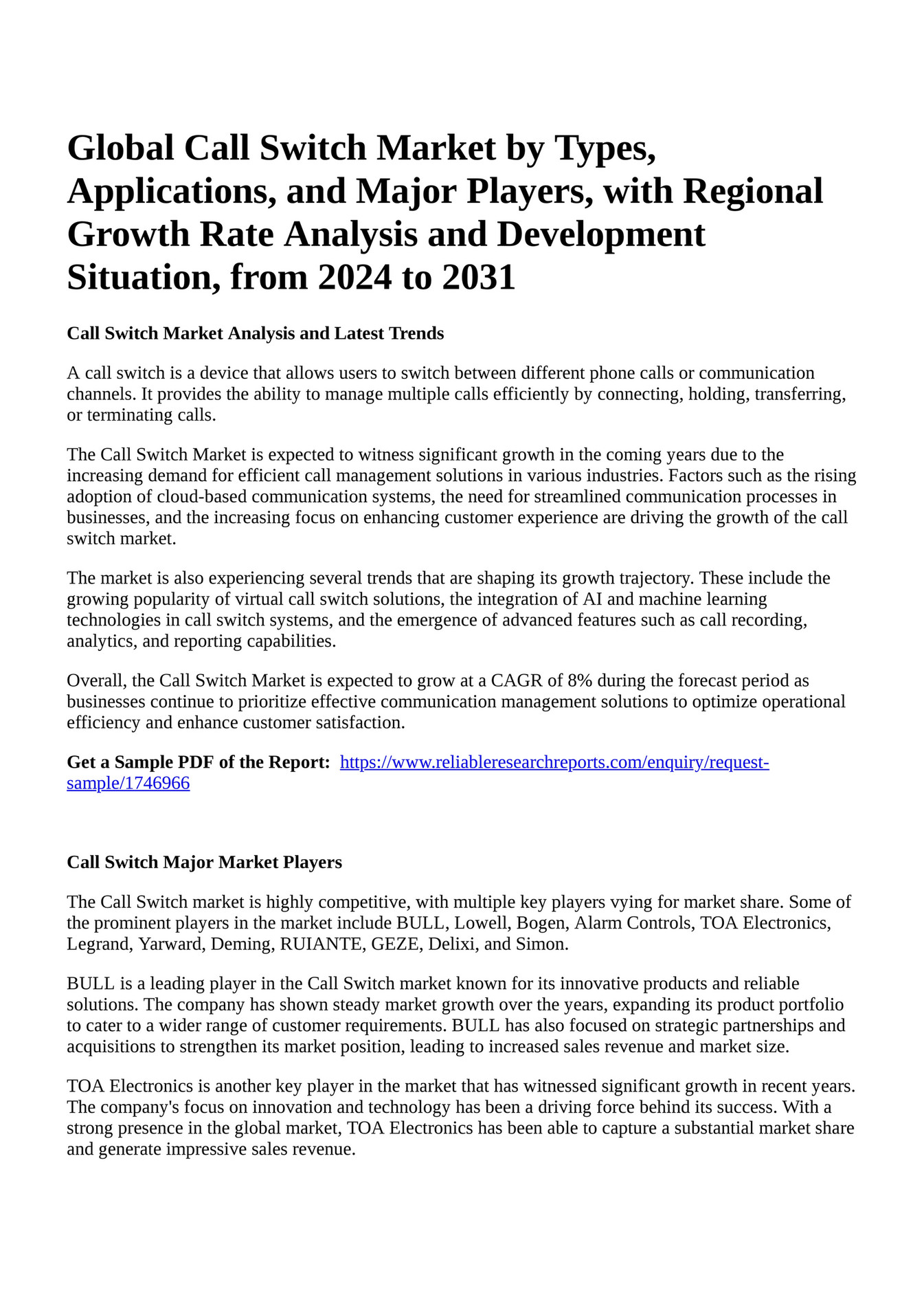 Reportprime - Global Call Switch Market by Types, Applications, and ...