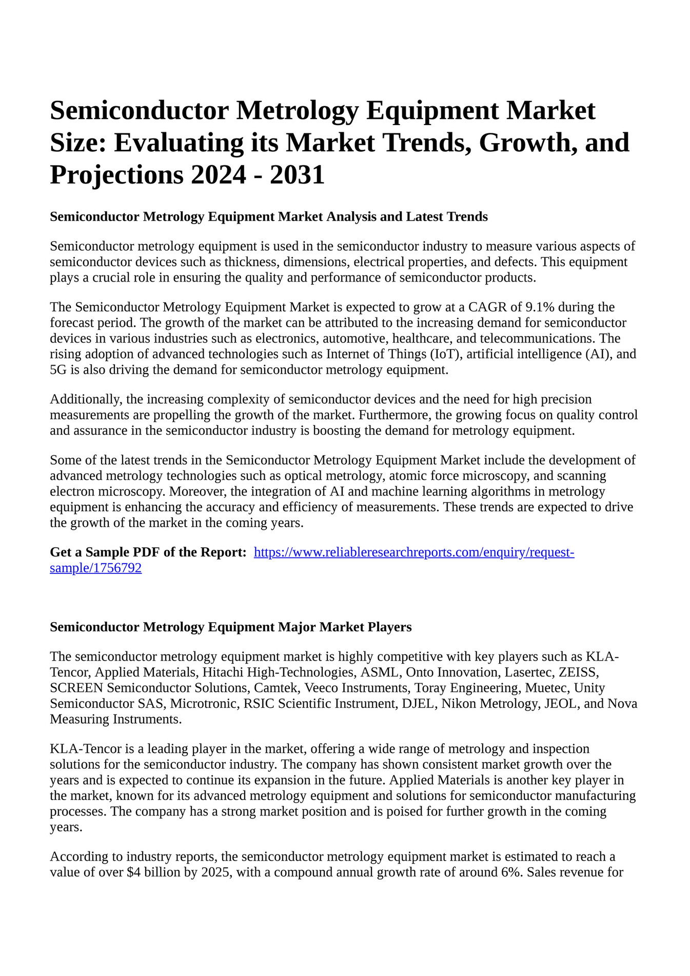 Reportprime Semiconductor Metrology Equipment Market Size Evaluating Its Market Trends