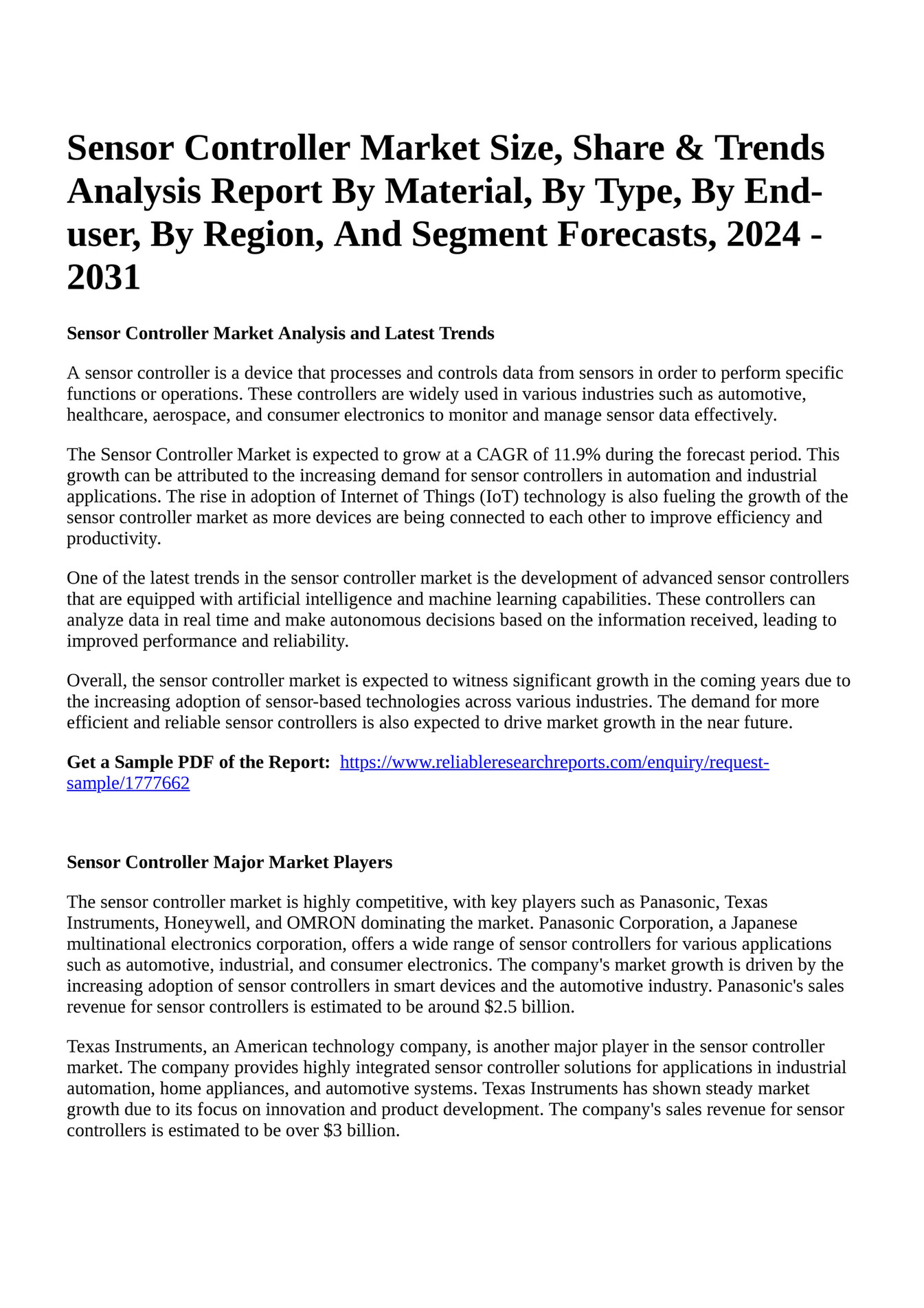 Reportprime Sensor Controller Market Size Share And Trends Analysis Report By Material By Type