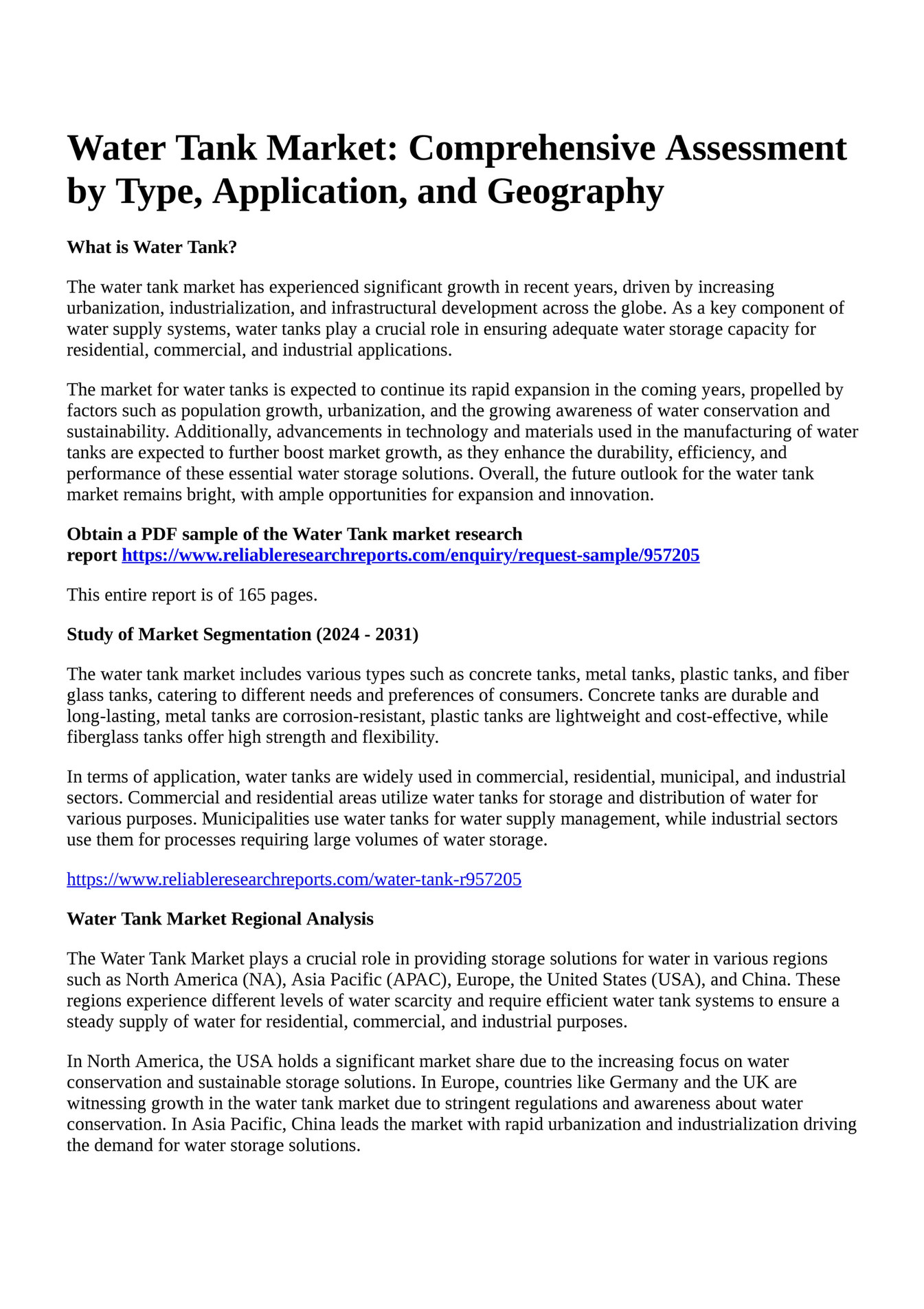 Reportprime - Water Tank Market: Comprehensive Assessment by Type ...