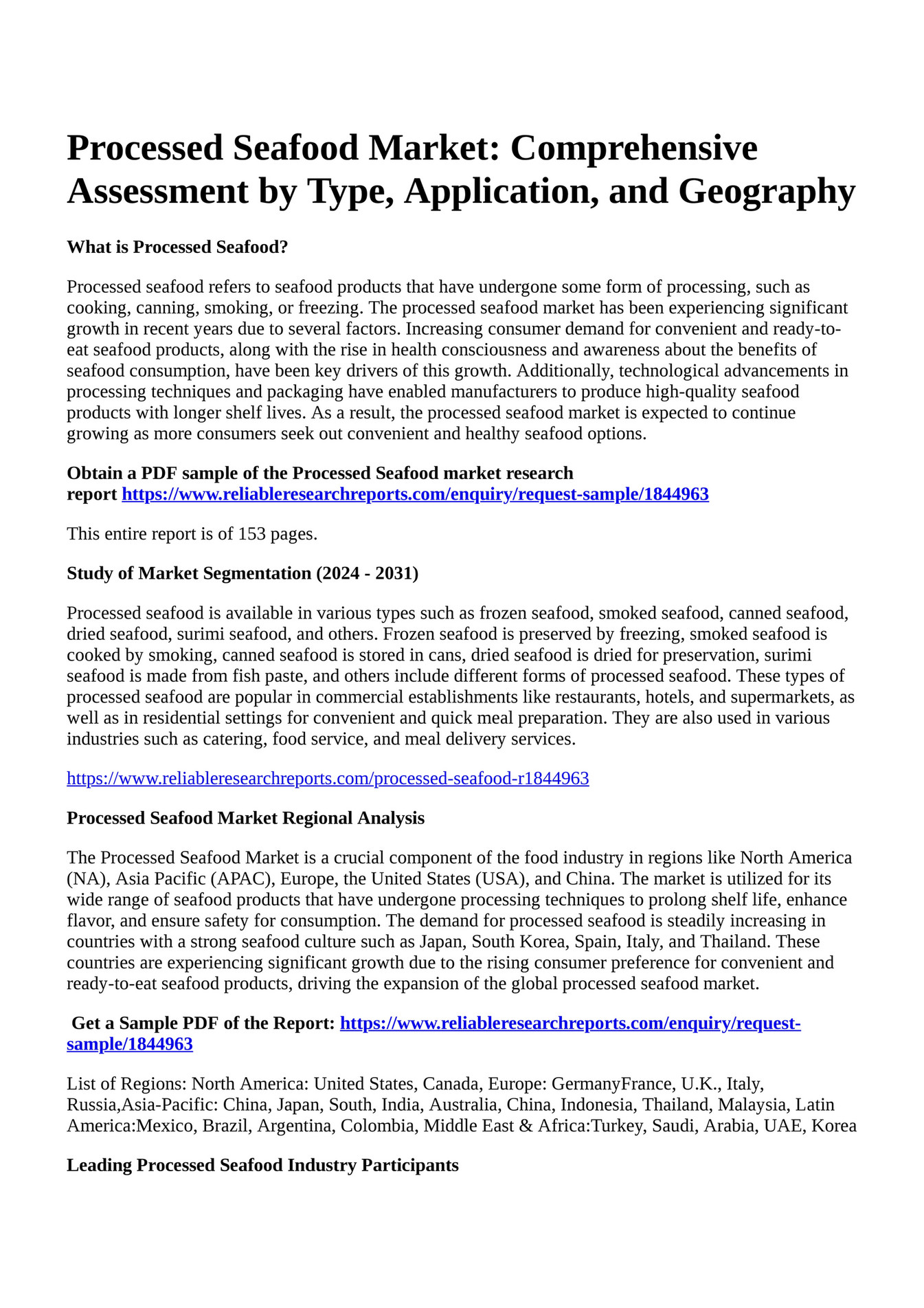 Reportprime - Processed Seafood Market: Comprehensive Assessment by ...