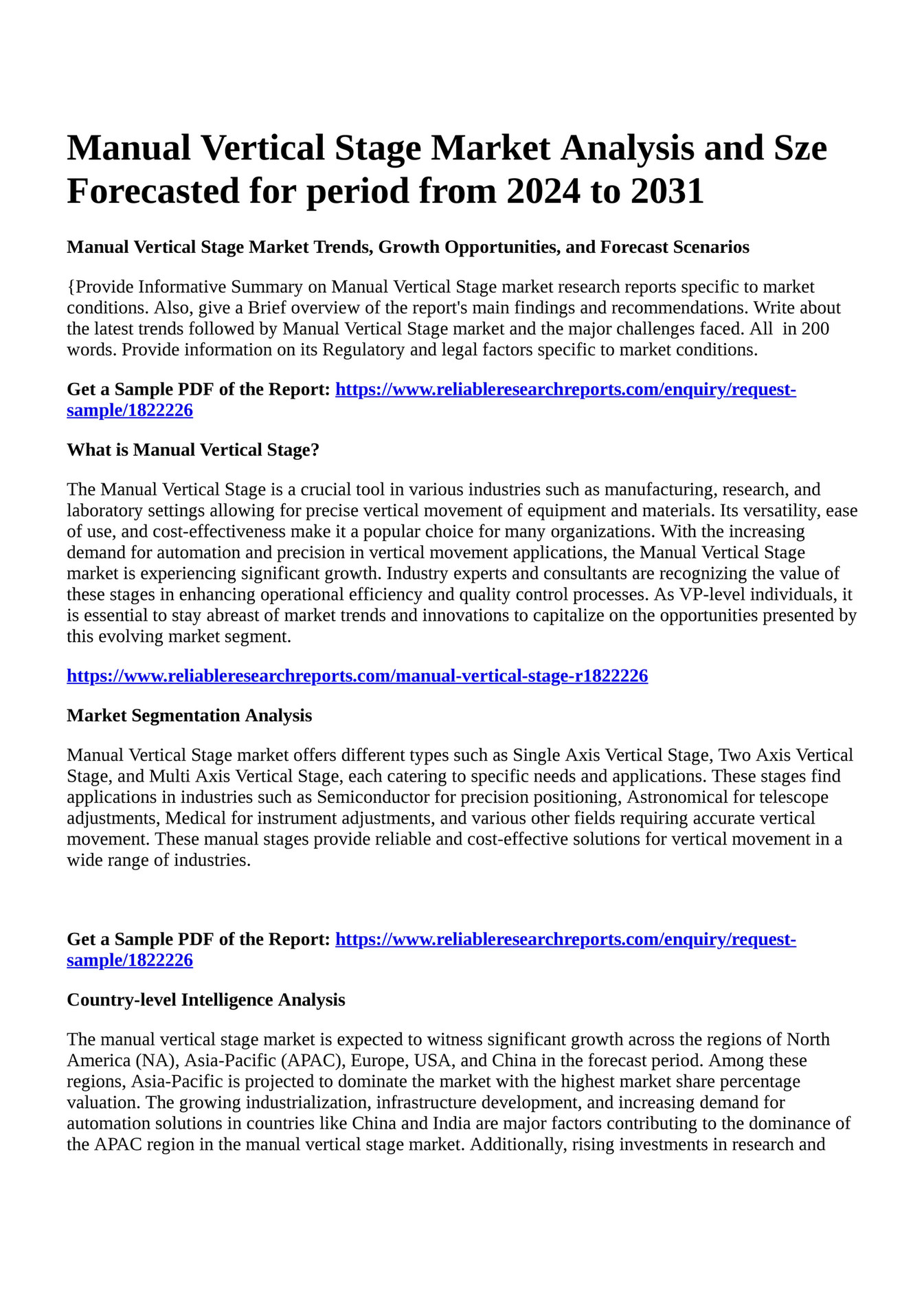 Reportprime Manual Vertical Stage Market Analysis And Sze Forecasted For Period From 2024 To
