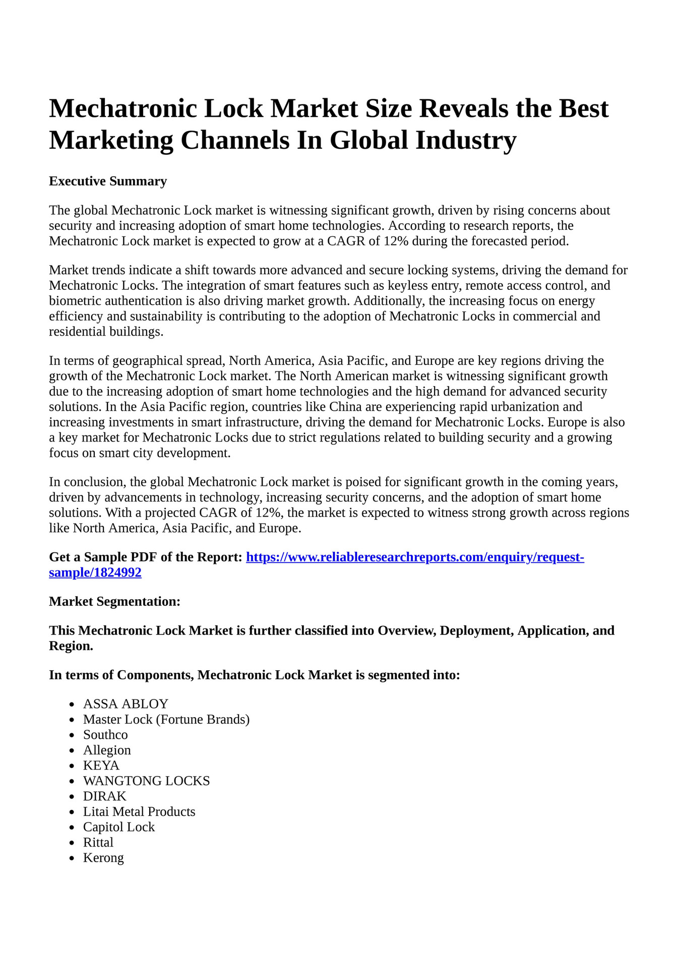Reportprime - Mechatronic Lock Market Size Reveals the Best Marketing ...