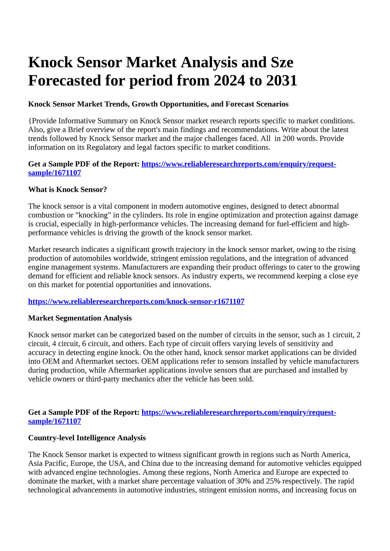 Reportprime - Knock Sensor Market Analysis and Sze Forecasted for ...