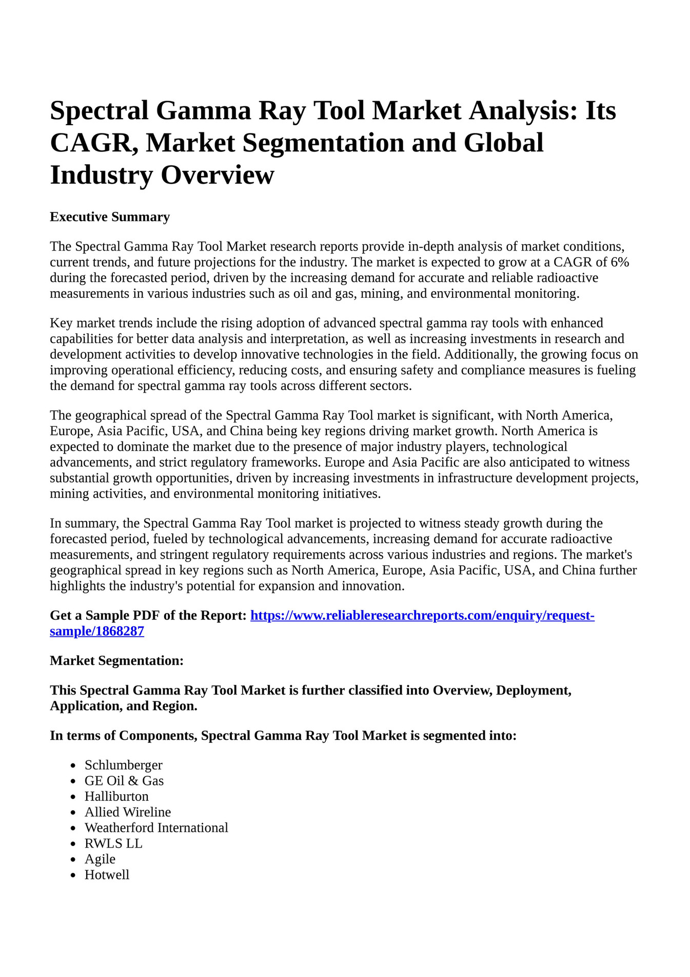 Reportprime - Spectral Gamma Ray Tool Market Analysis: Its CAGR, Market ...