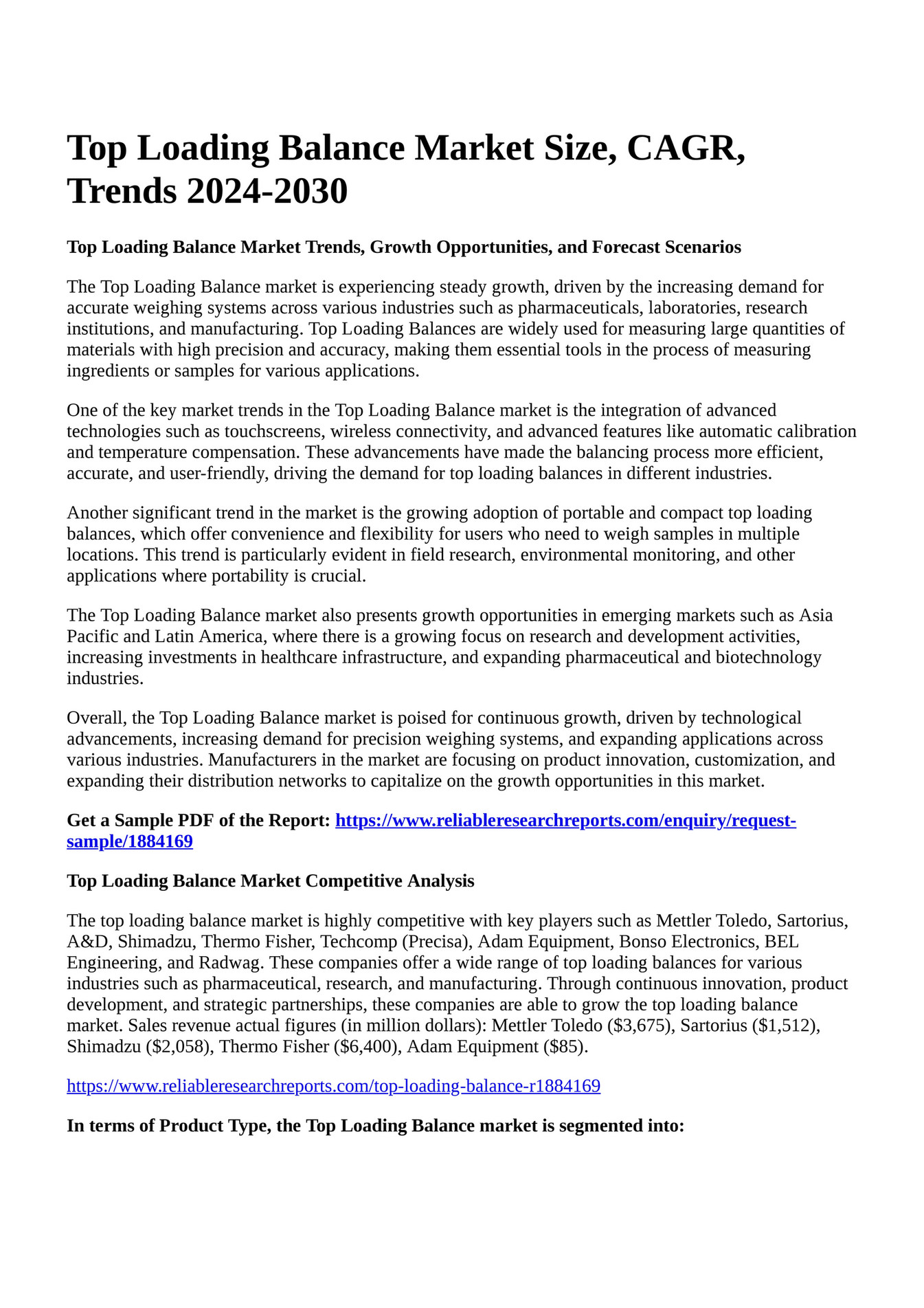 Reportprime - Top Loading Balance Market Size, CAGR, Trends 2024-2030 ...