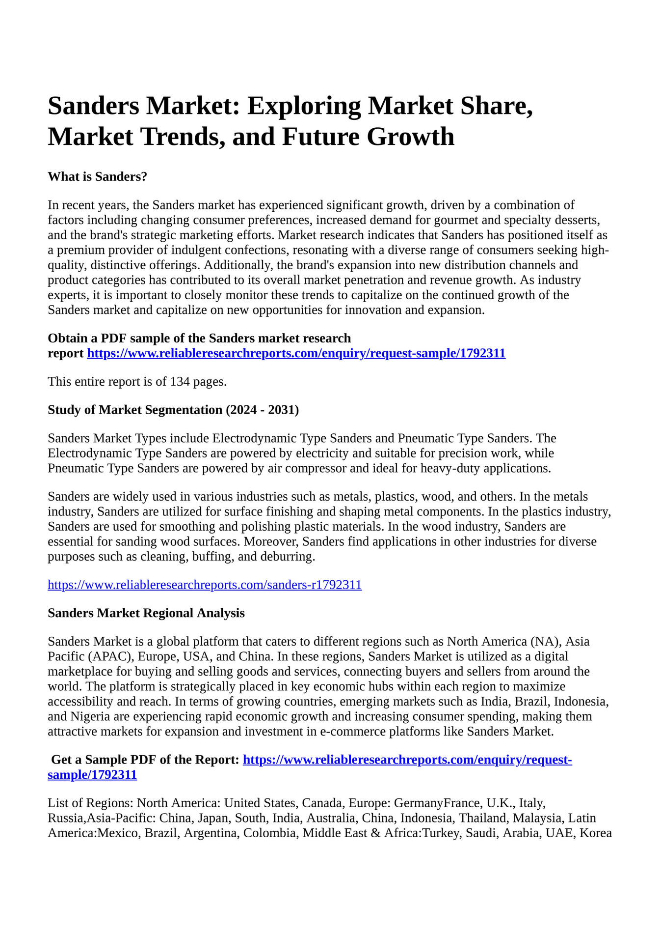 Reportprime - Sanders Market: Exploring Market Share, Market Trends ...