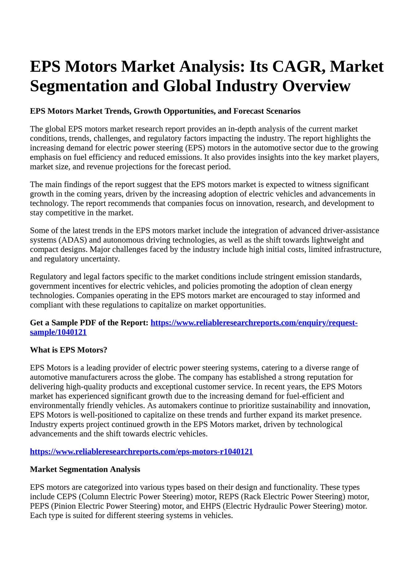 Reportprime - EPS Motors Market Analysis: Its CAGR, Market Segmentation ...