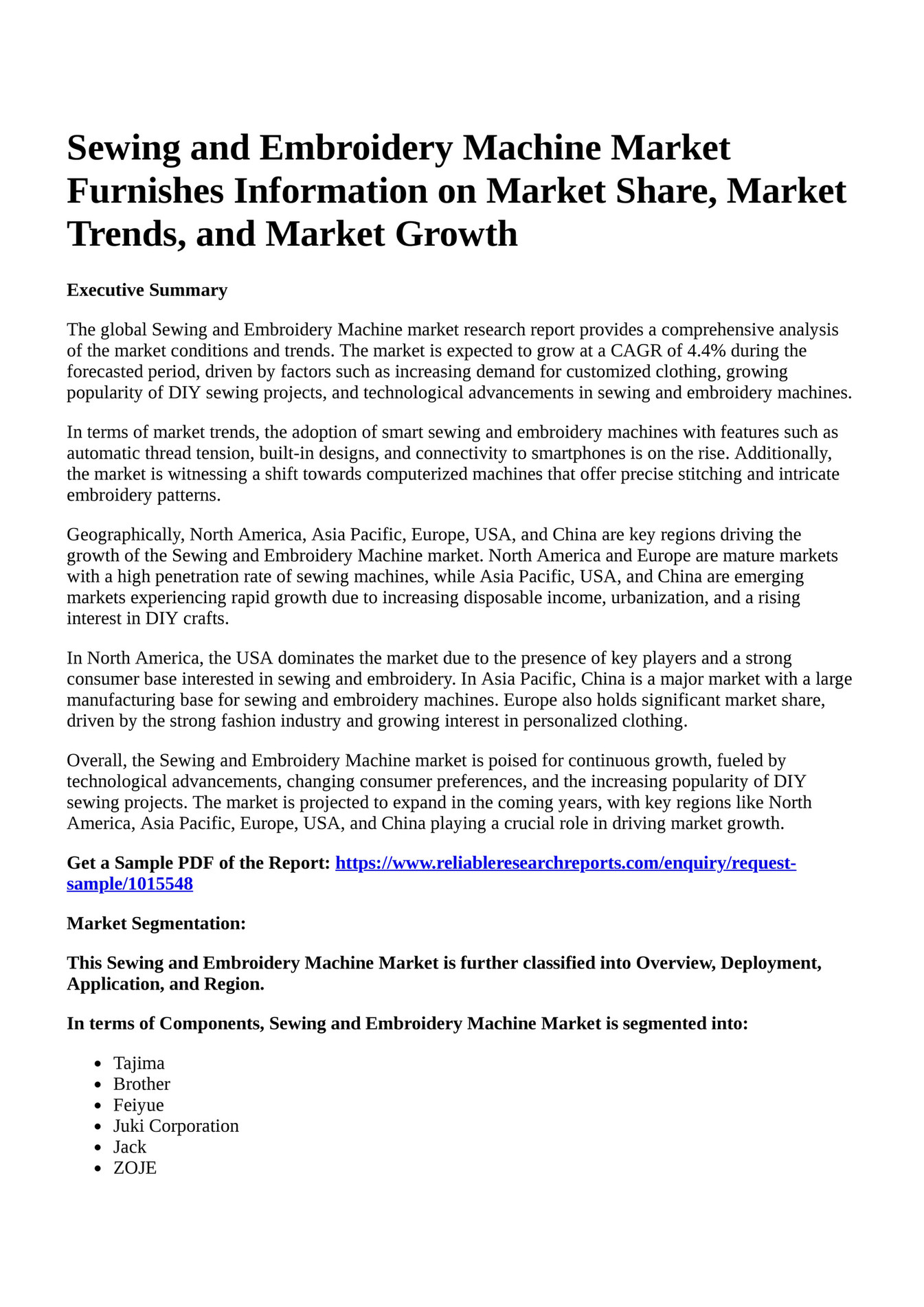 Reportprime Sewing And Embroidery Machine Market Furnishes