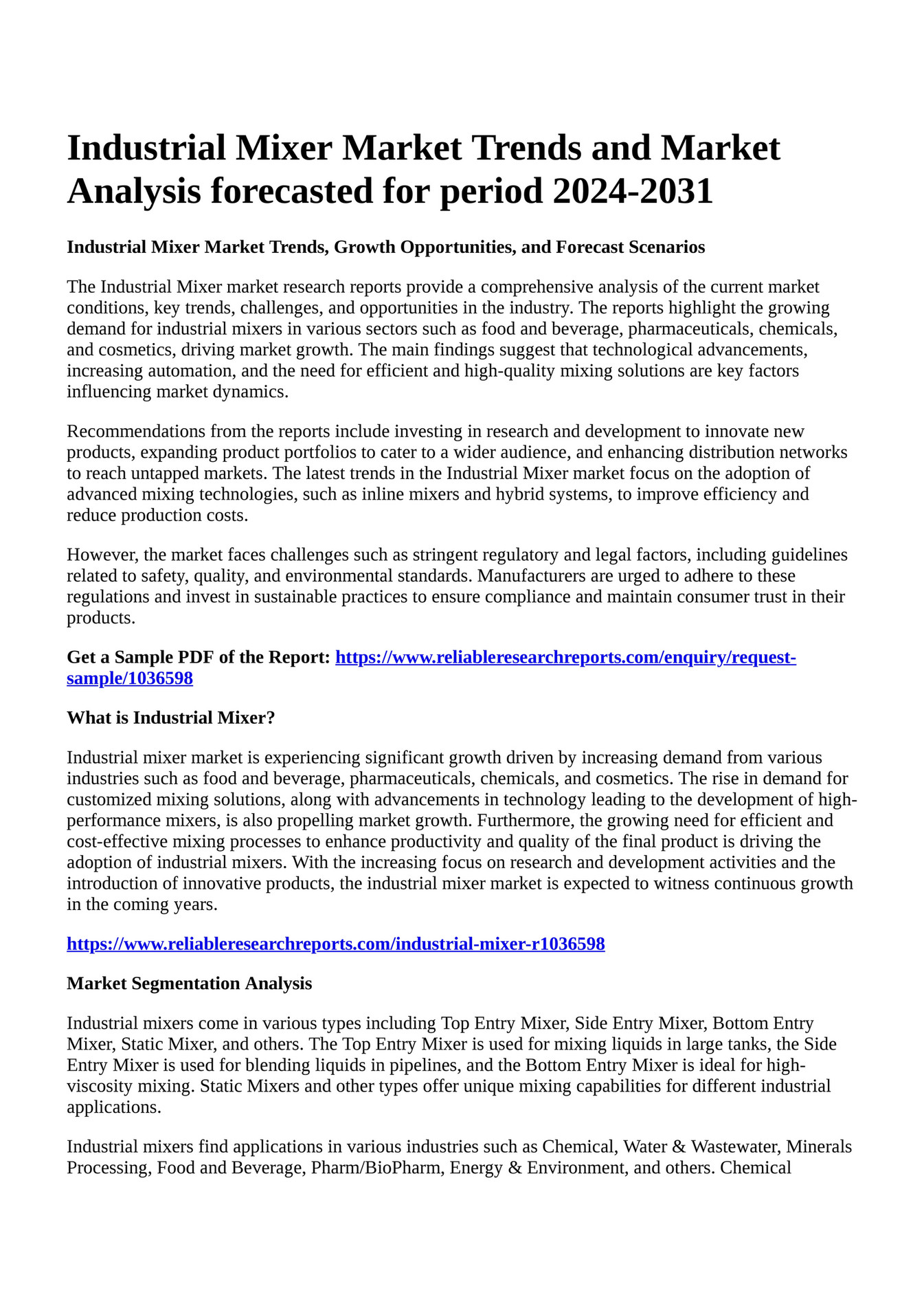 Reportprime - Industrial Mixer Market Trends and Market Analysis forecasted for period 2024-2031 ...