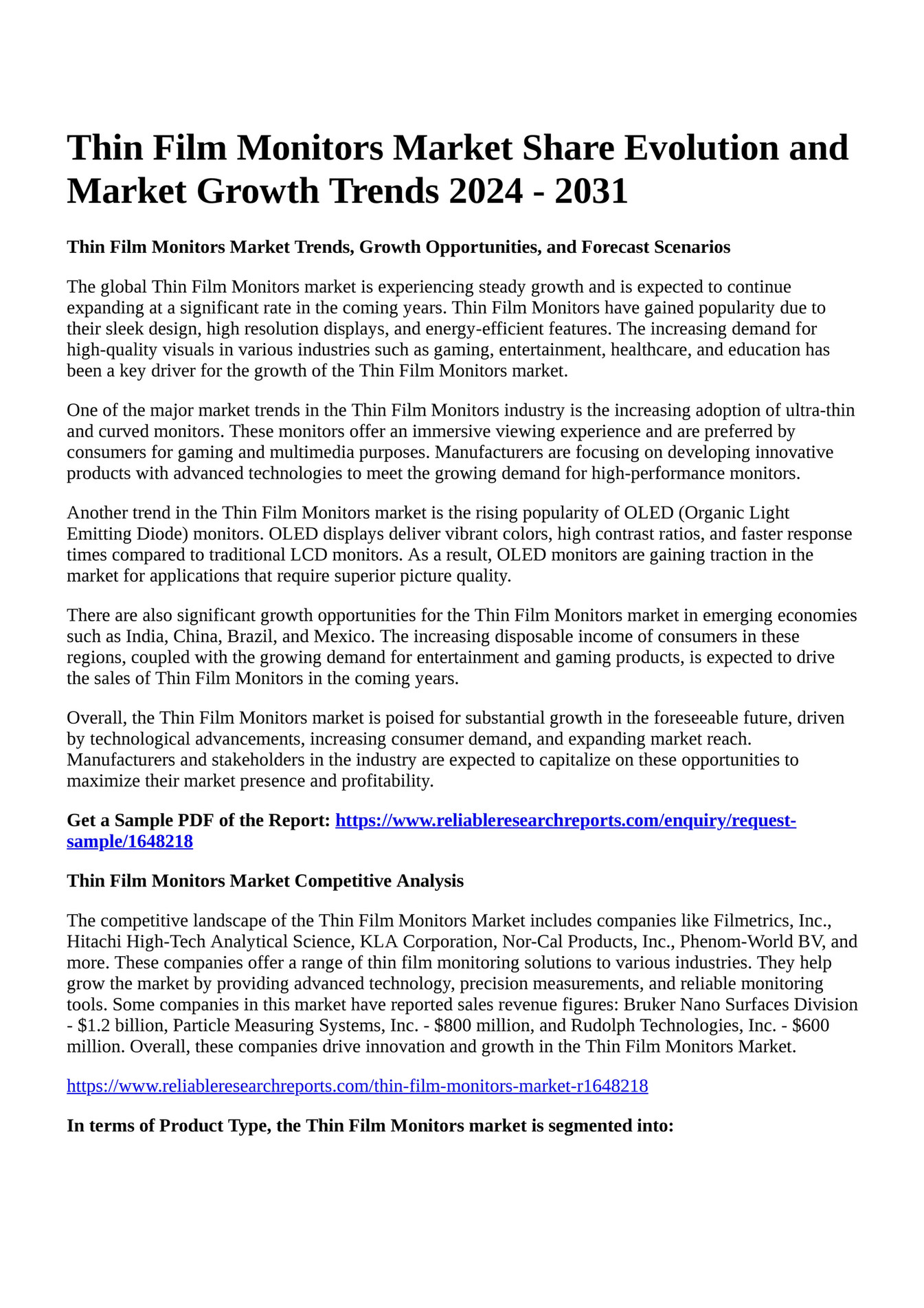 Reportprime - Thin Film Monitors Market Share Evolution and Market ... Reportprime - Thin Film Monitors Market Share Evolution and Market ...