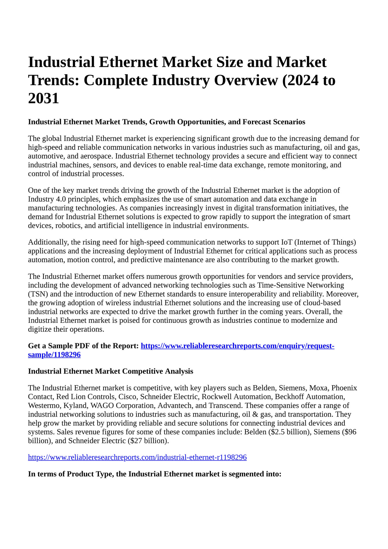 Reportprime Industrial Ethernet Market Size And Market Trends