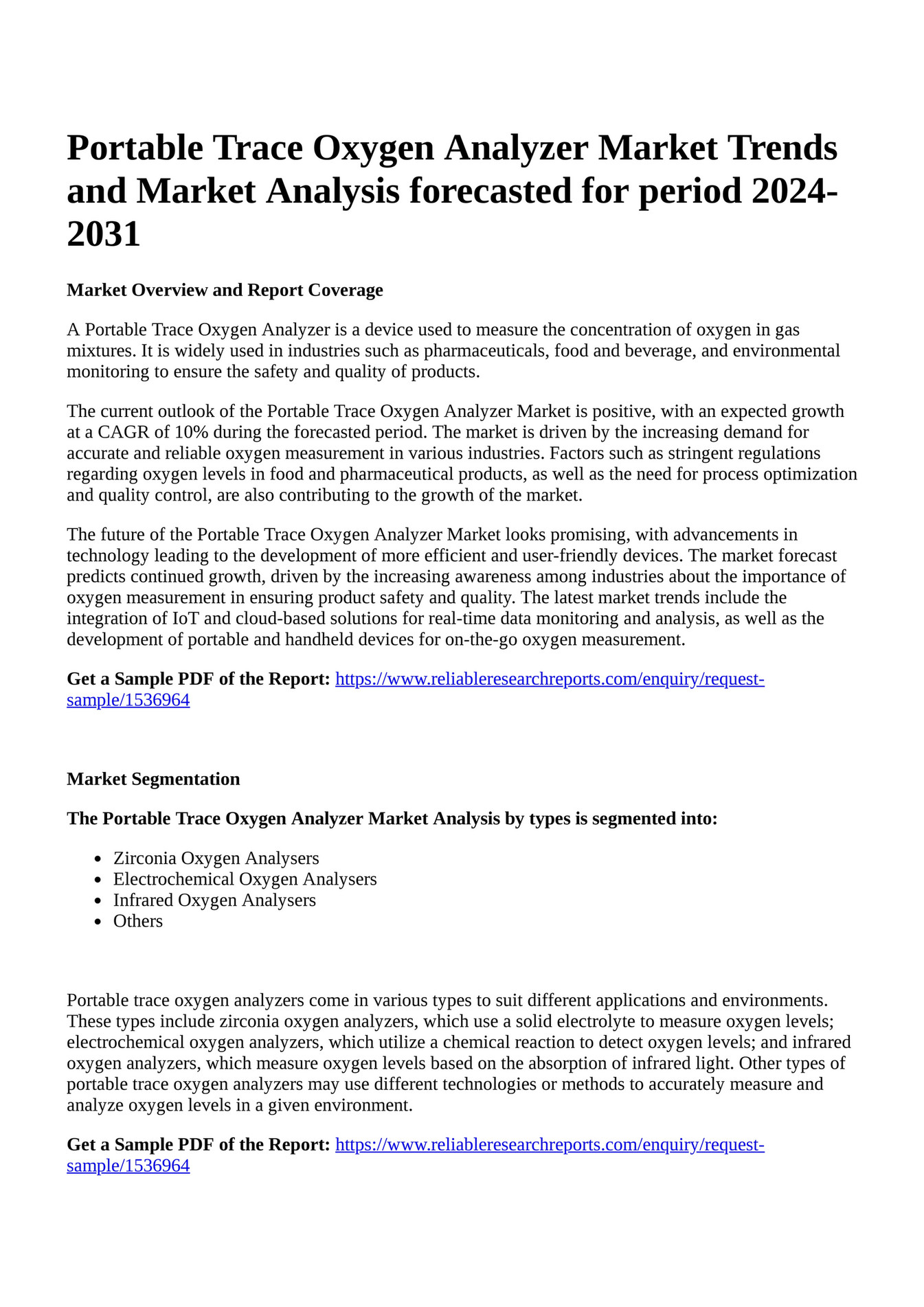 Reportprime - Portable Trace Oxygen Analyzer Market Trends and Market Analysis forecasted for ...