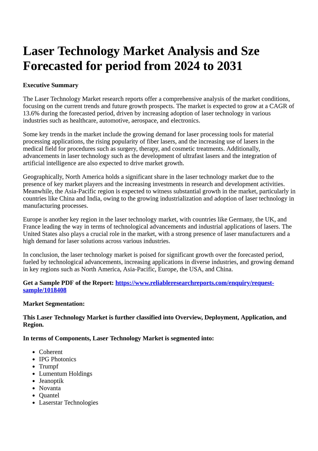Reportprime - Laser Technology Market Analysis and Sze Forecasted for ...