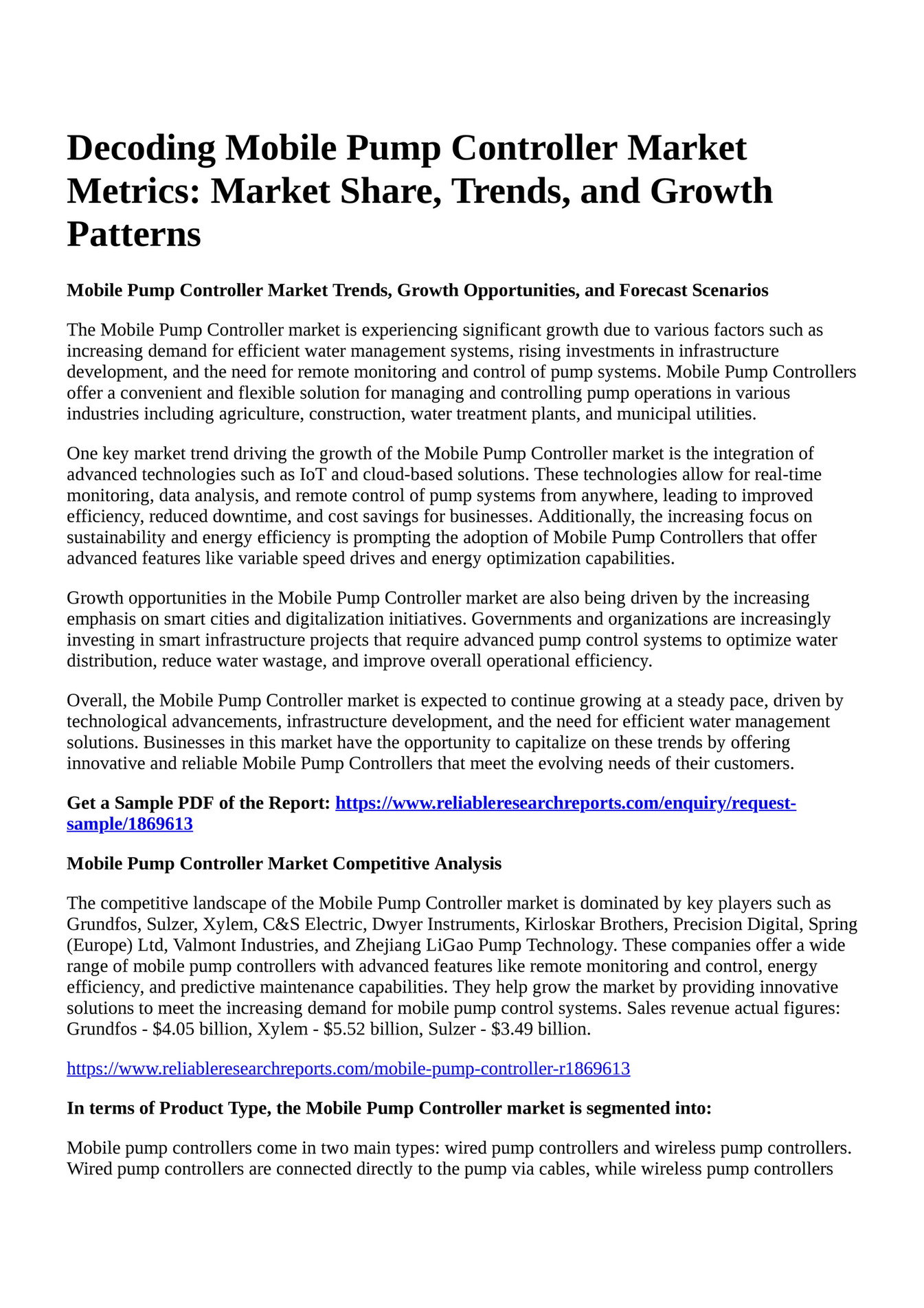 Reportprime - Decoding Mobile Pump Controller Market Metrics: Market Share, Trends, and Growth ...