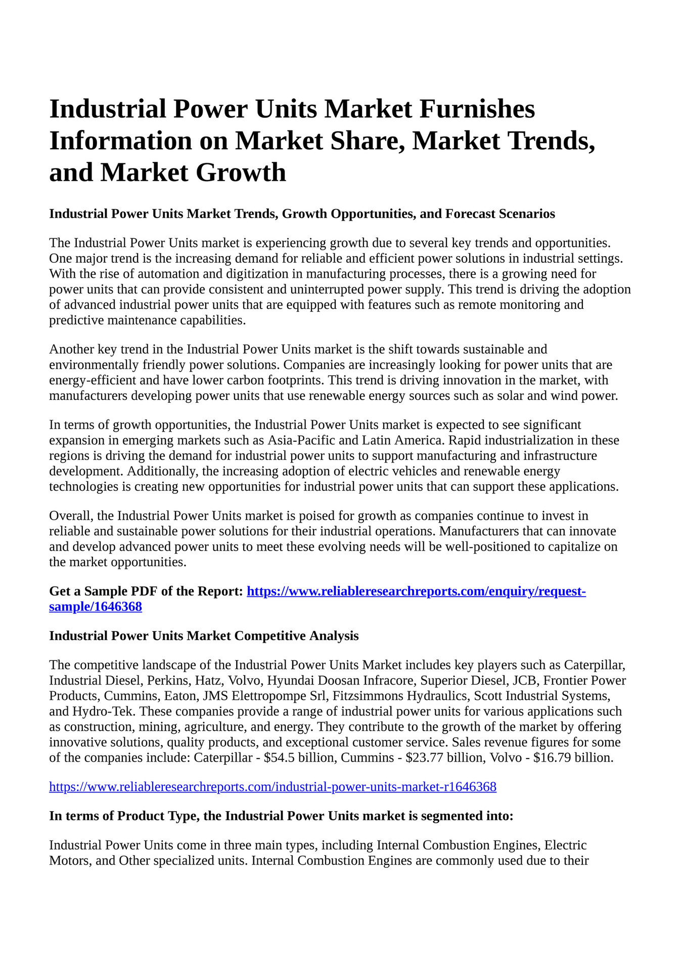 Reportprime - Industrial Power Units Market Furnishes Information on ...