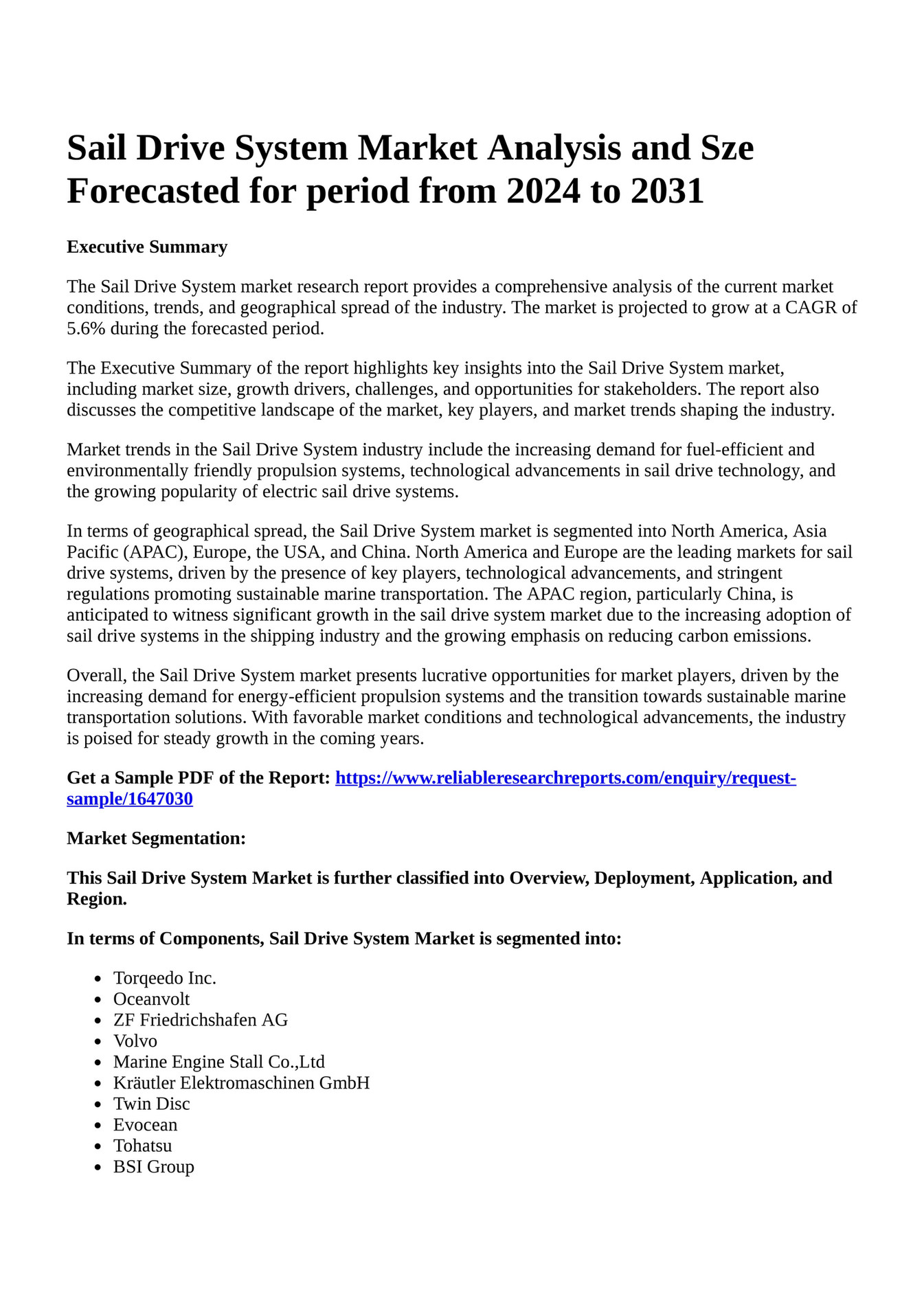 Reportprime Sail Drive System Market Analysis And Sze Forecasted For Reportprime Sail Drive System Market Analysis And Sze Forecasted For