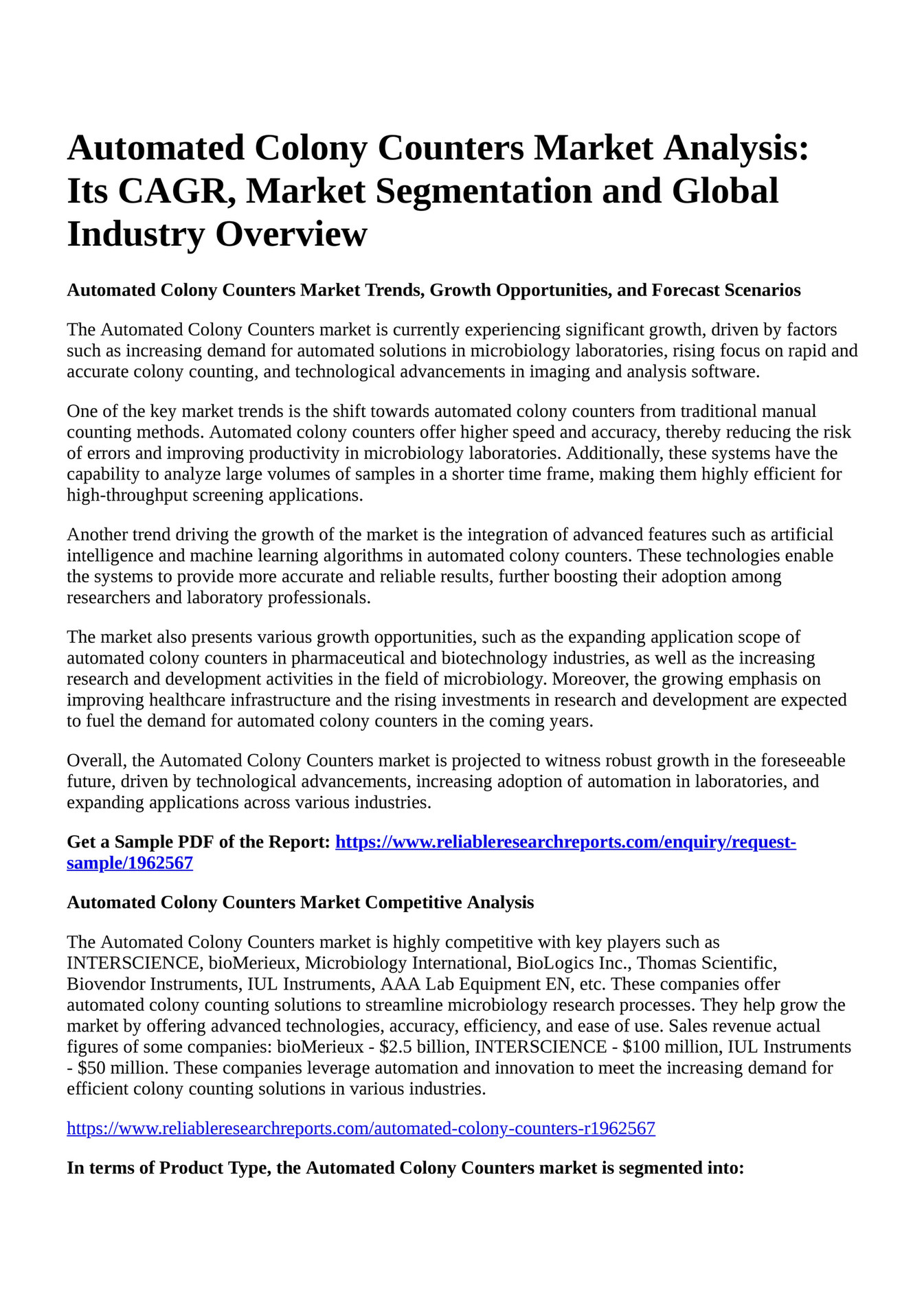 Reportprime - Automated Colony Counters Market Analysis: Its CAGR, Market Segmentation and ...