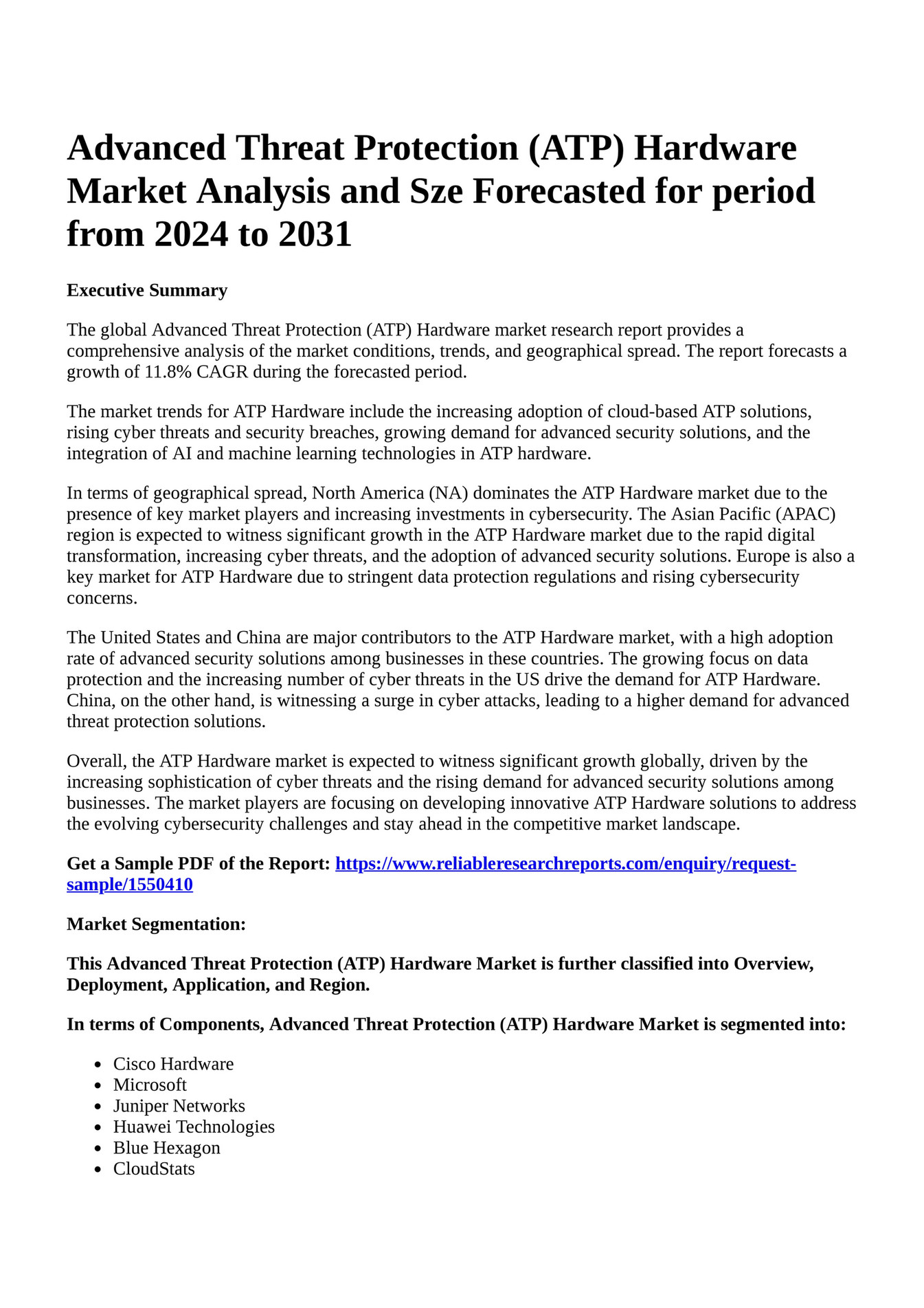 Reportprime - Advanced Threat Protection (ATP) Hardware Market Analysis and Sze Forecasted for ...